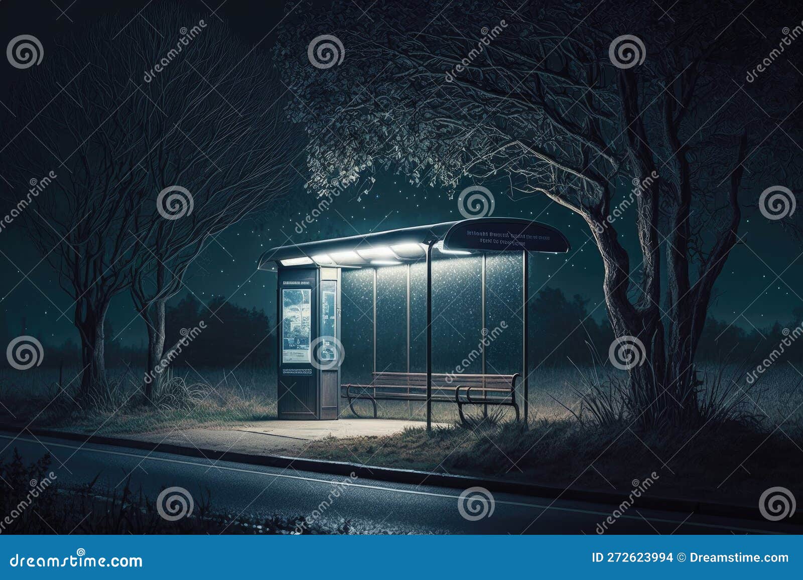Empty Bus Stop at Night with Moonlight Shining through the Trees and ...