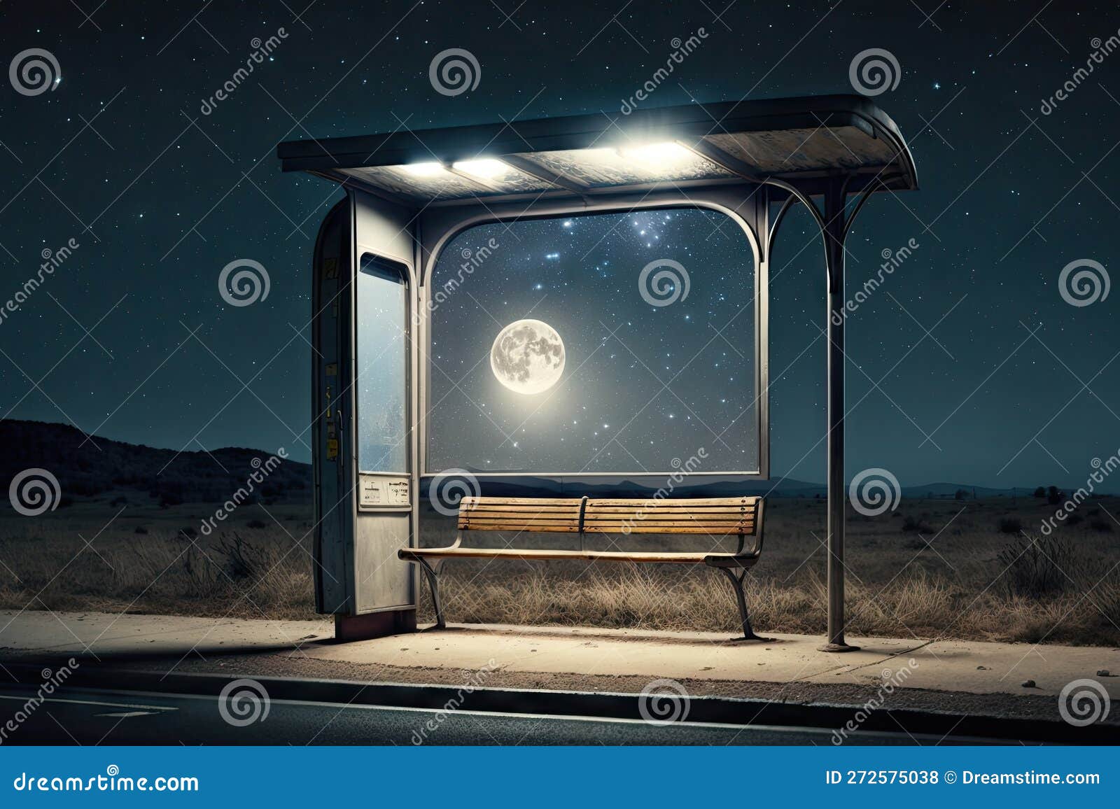 Empty Bus Stop at Night, with View of the Moon and Stars Shining Down ...