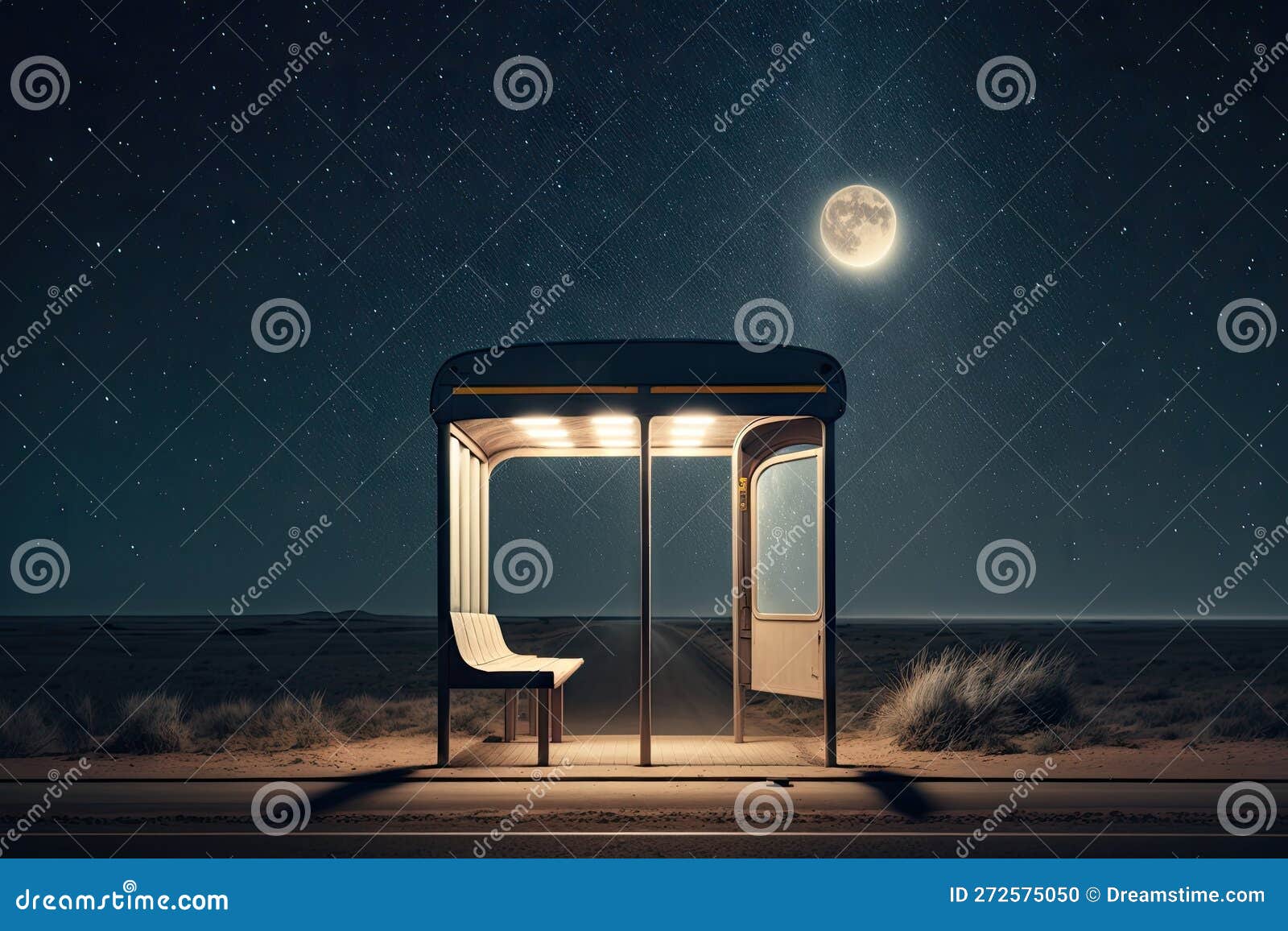 Empty Bus Stop at Night, with View of the Moon and Stars Shining Down ...