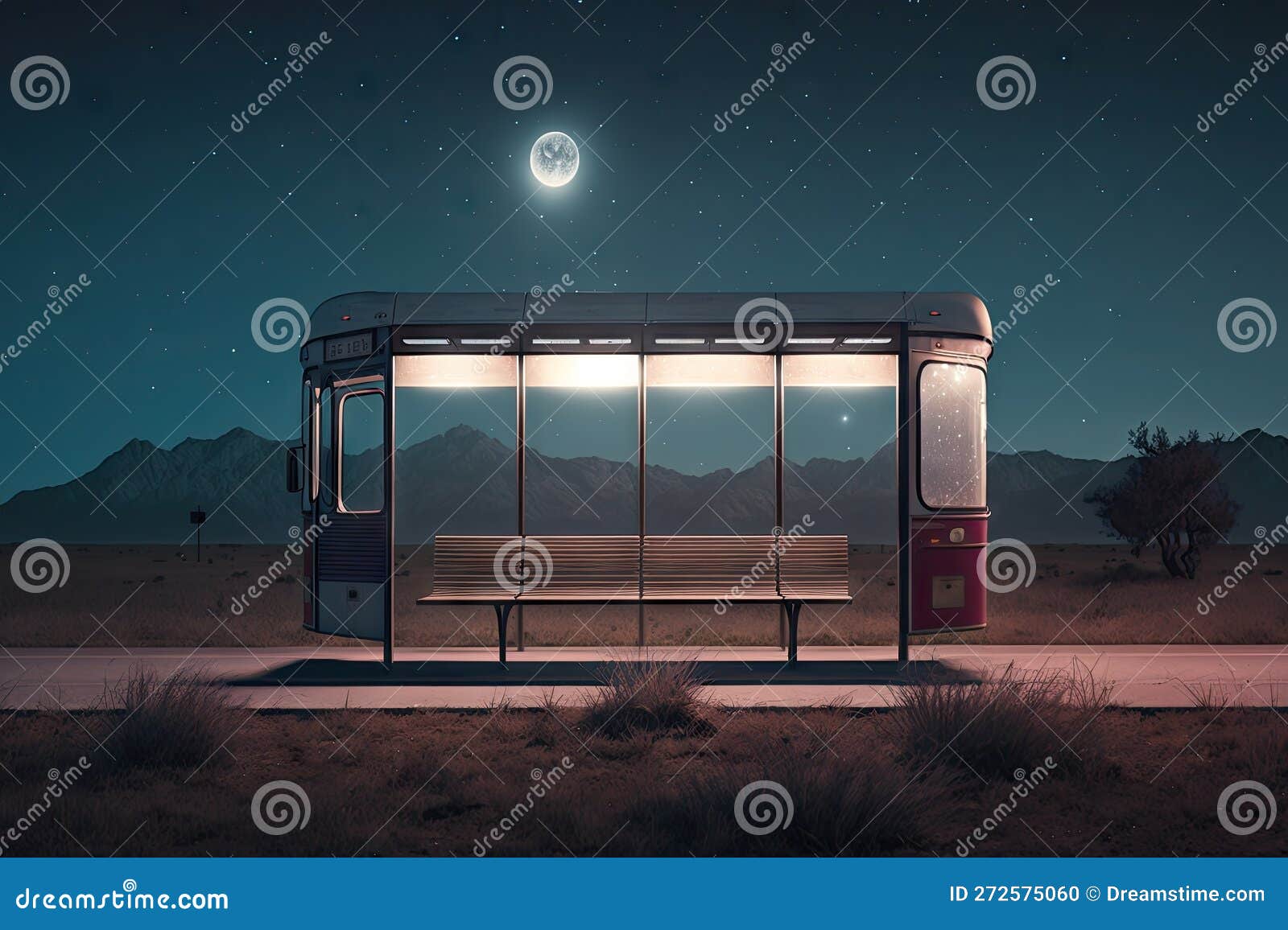 Empty Bus Stop at Night, with View of the Moon and Stars Shining Down ...