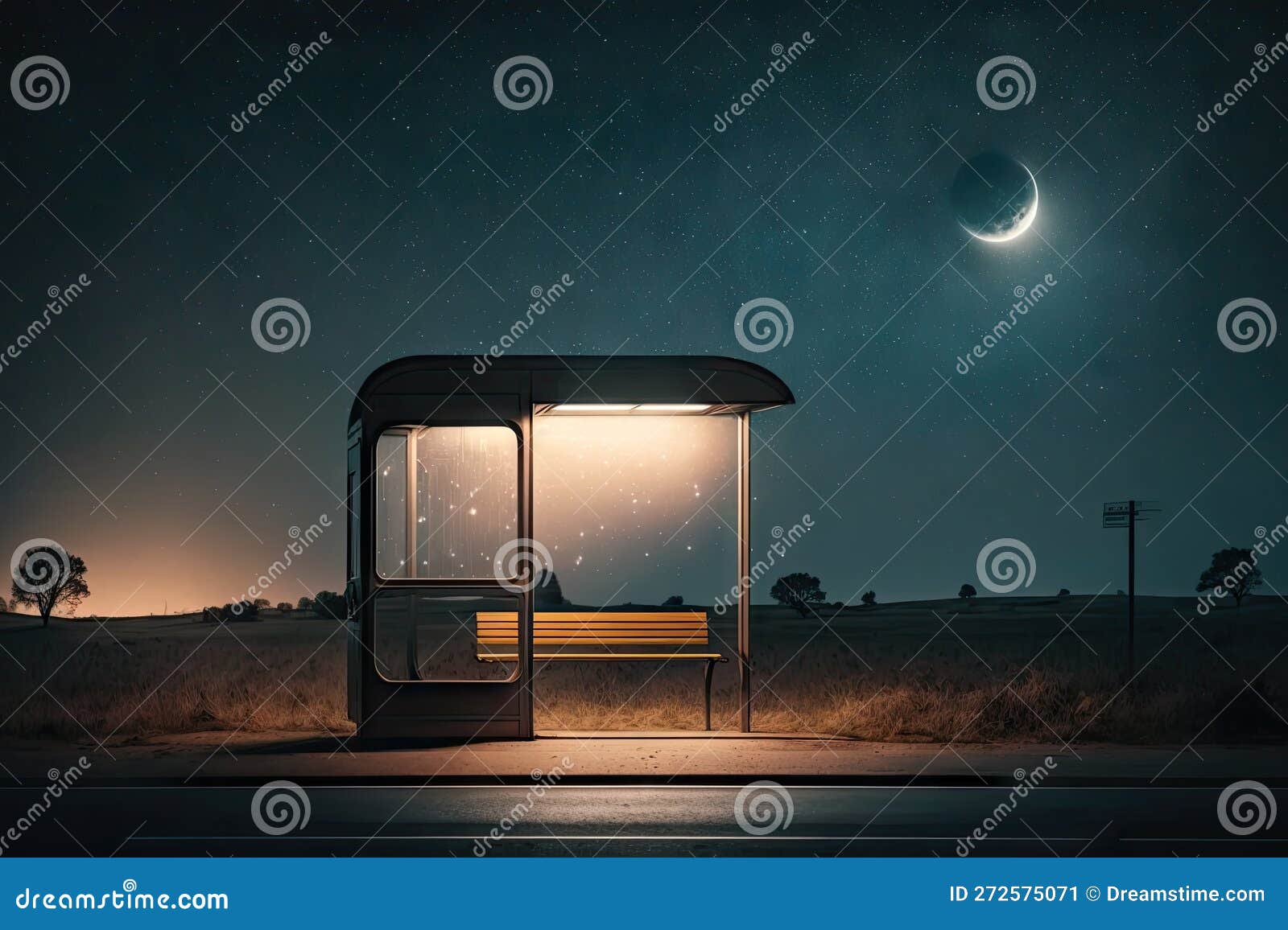 Empty Bus Stop at Night, with View of the Moon and Stars Shining Down ...