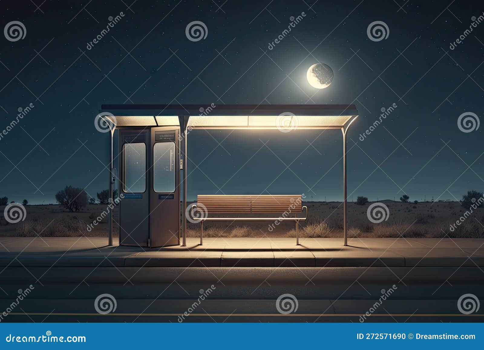 Empty Bus Stop at Night, with View of the Moon and Stars in the Sky ...