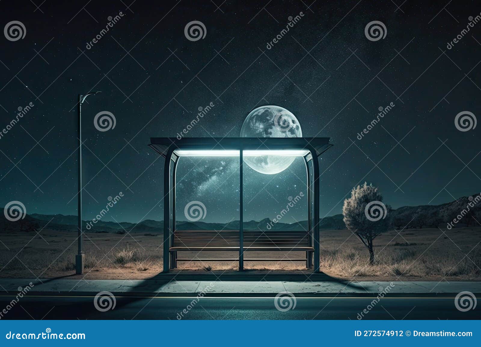 Empty Bus Stop at Night, with View of the Stars in the Sky and Moon ...