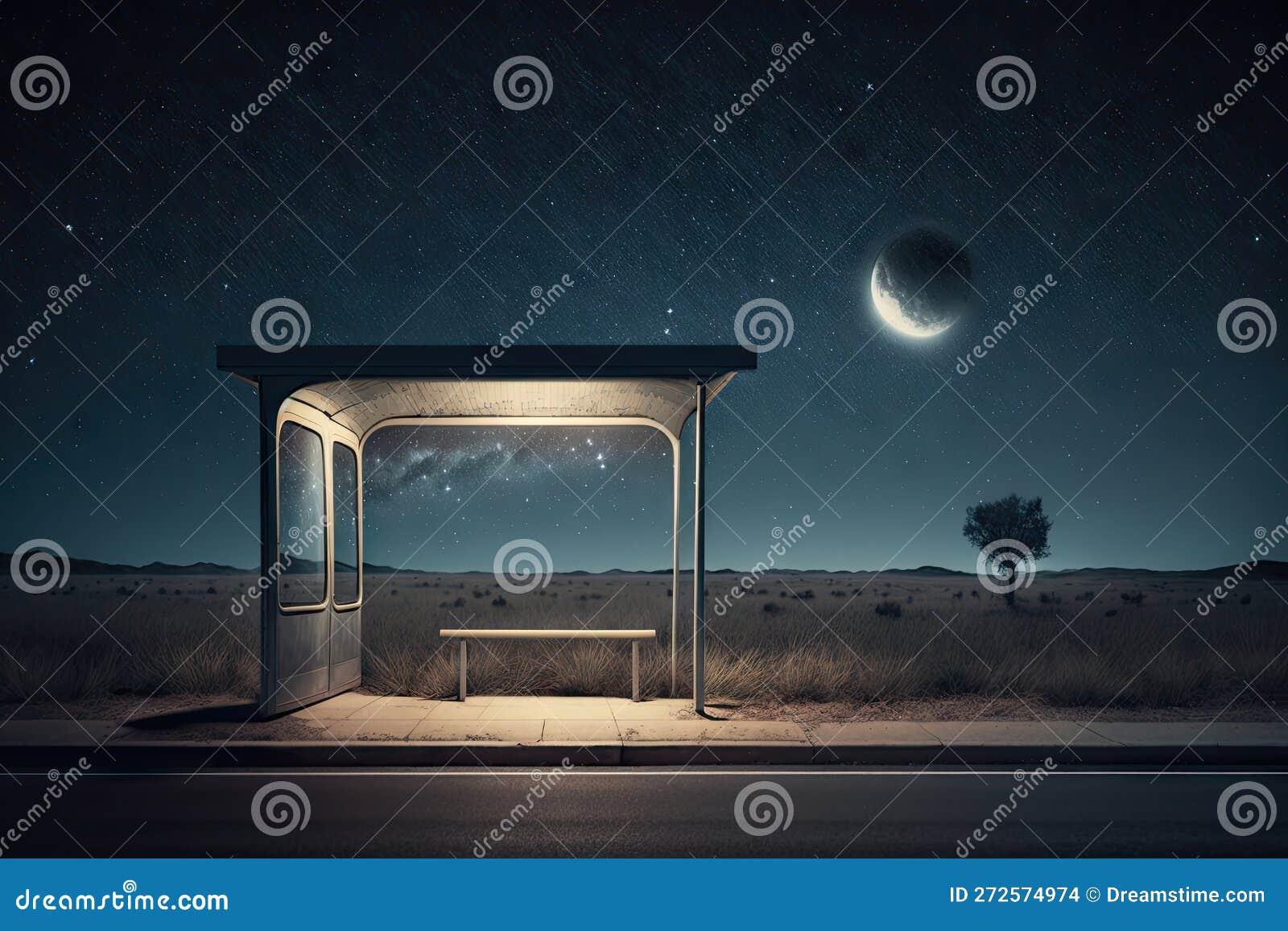 Empty Bus Stop at Night, with View of the Stars in the Sky and Moon ...