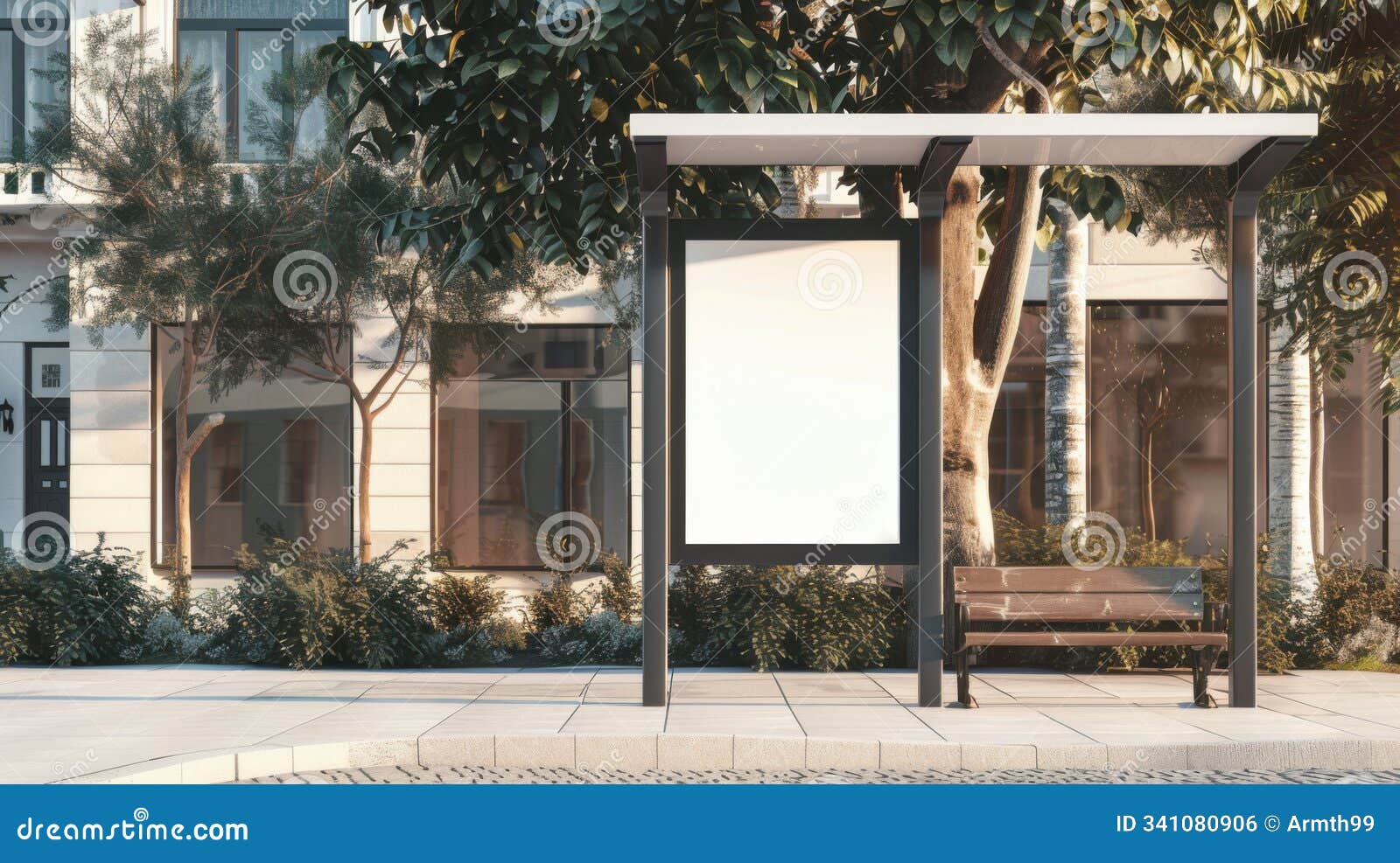Empty Bus Stop Shelter in a City with Blank Advertisement Panel Stock ...