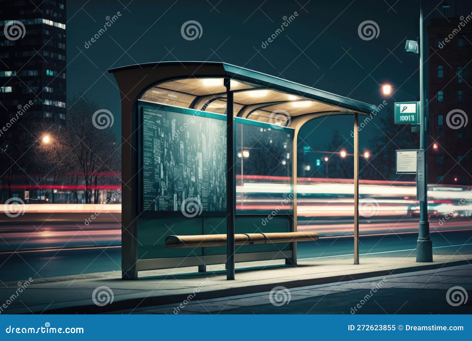 Empty Bus Stop with View of the City at Night, with Bright Lights and ...