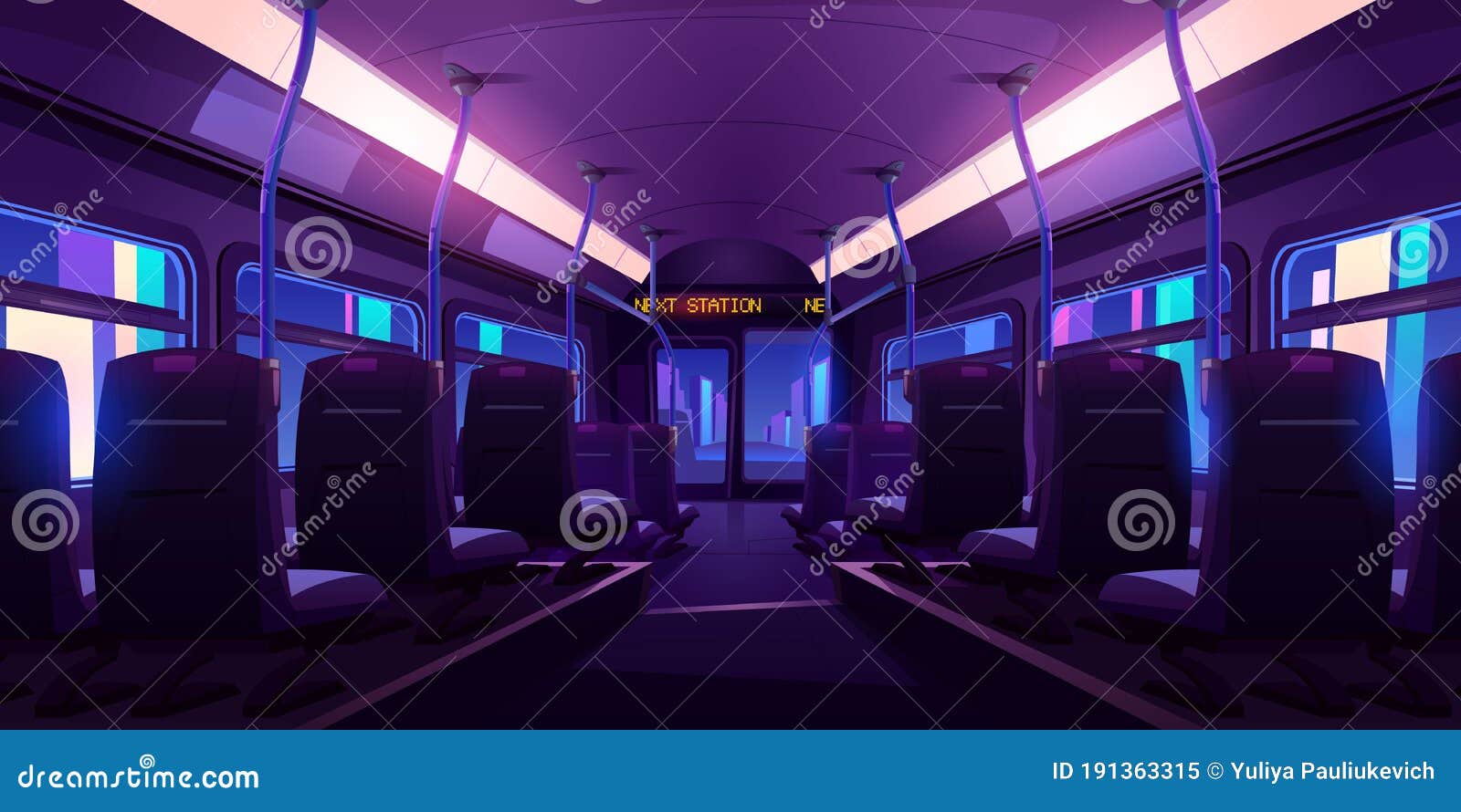 Empty Bus or Train Interior with Chairs at Night Stock Vector ...