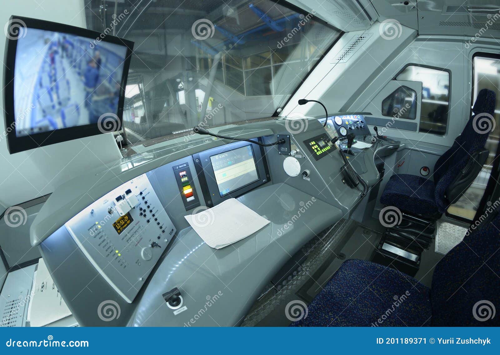 Empty Cabin Of The Passenger Train, Dashboard, Seats, Monitors ...