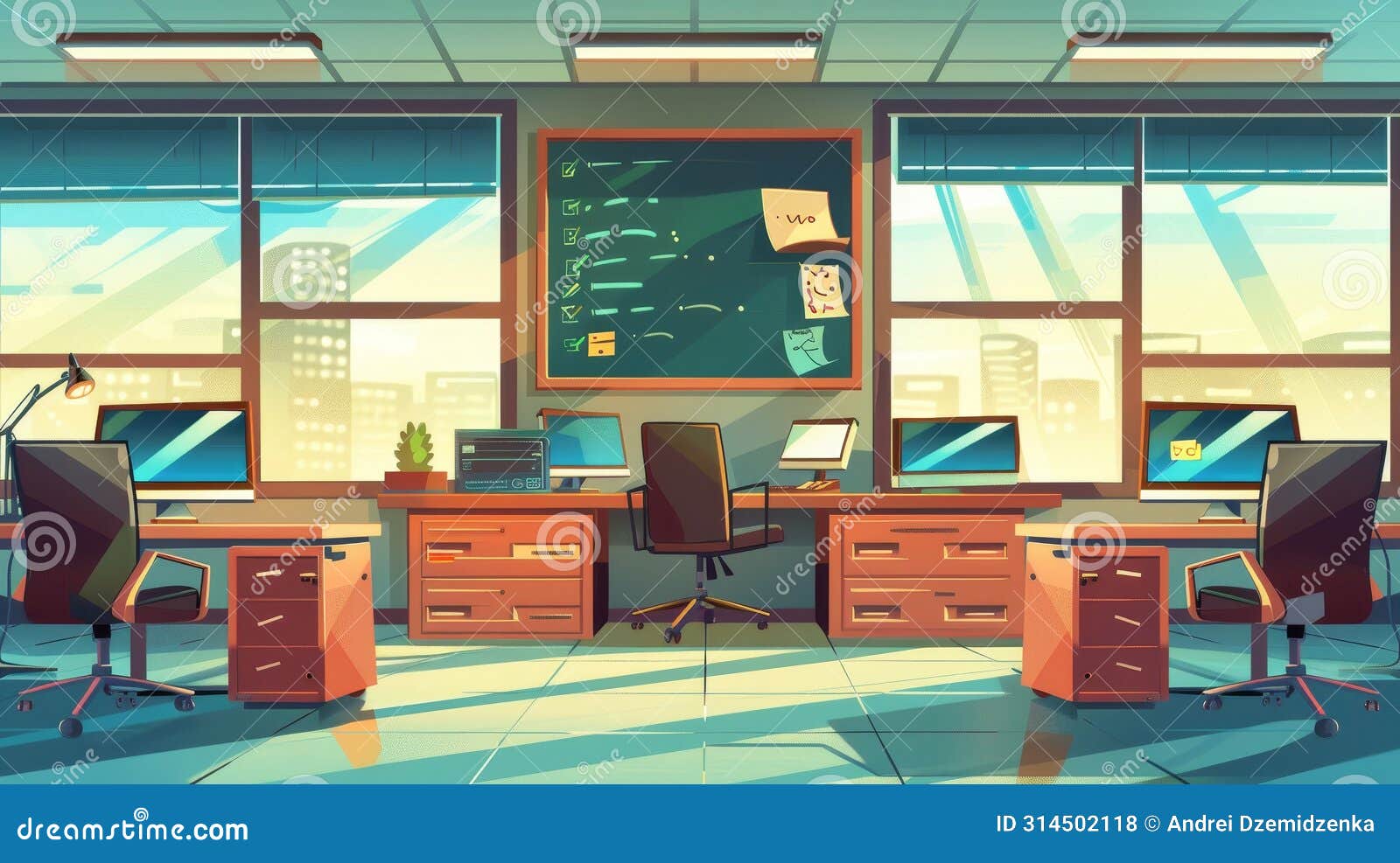 An Empty Cabinet with Office Furniture, Computers, and Task Notes on a ...