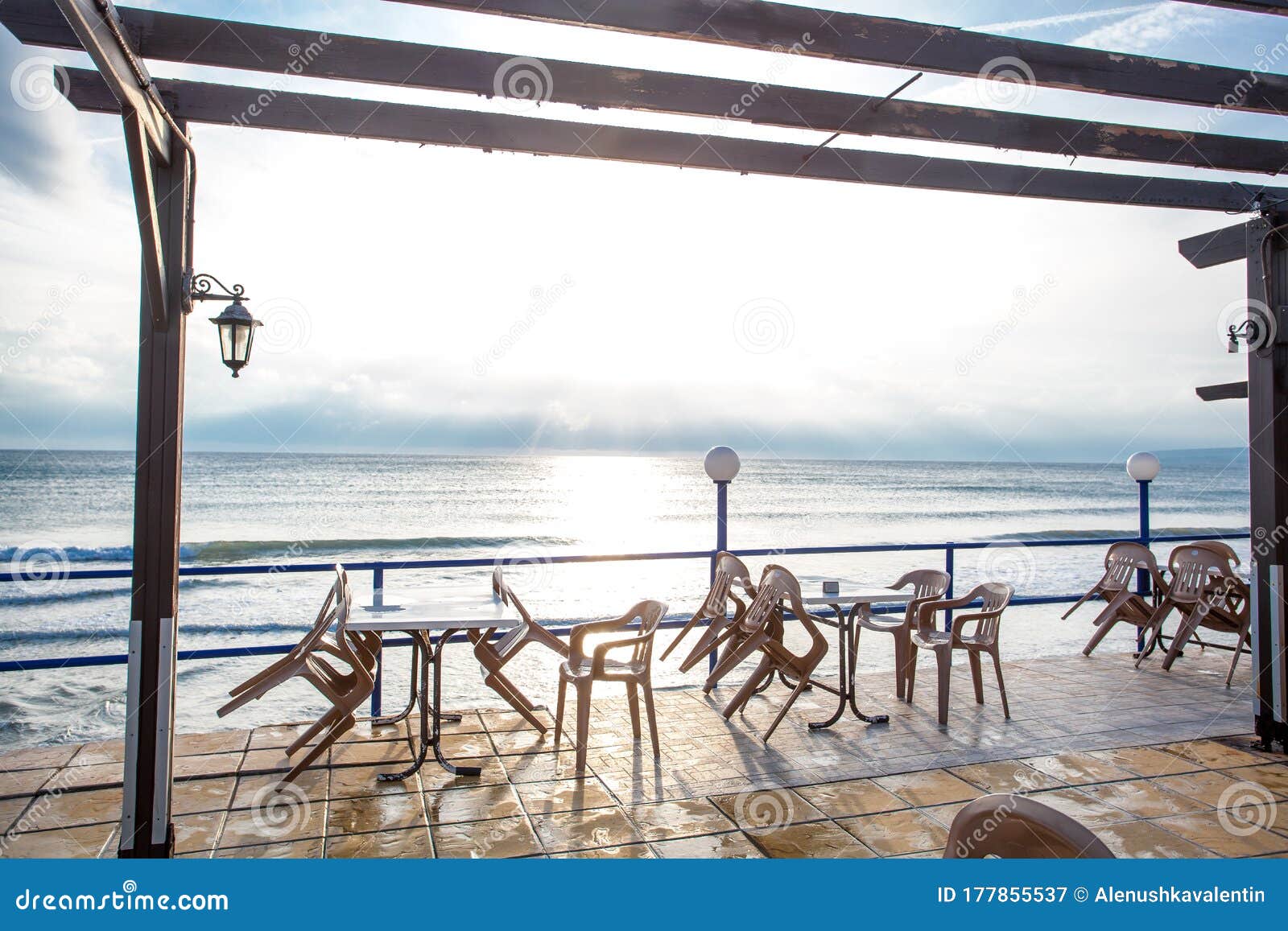 Empty Cafe at Beach in Sunset Stock Image - Image of nature, water ...