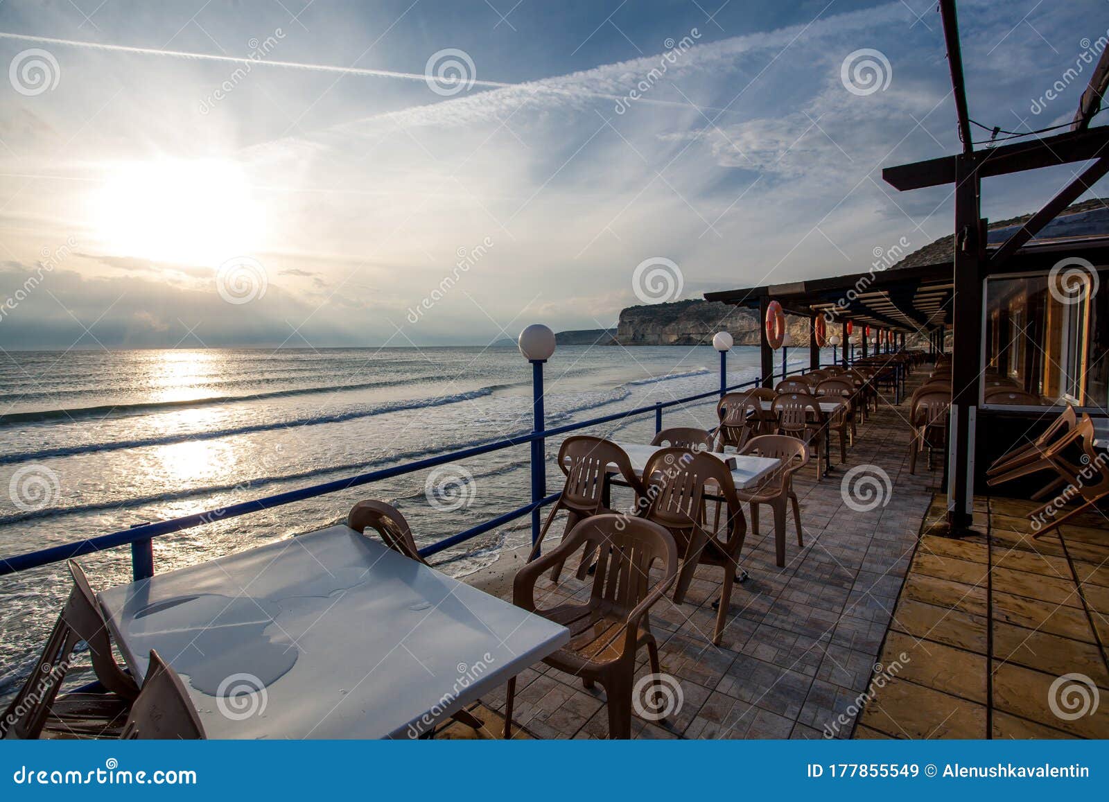 Empty Cafe at Beach in Sunset Stock Image - Image of table, chair ...