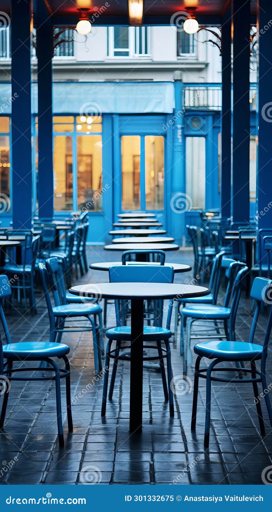 Empty Cafe with Blue Tables and Chairs, Blue Design. Vertical Blue ...