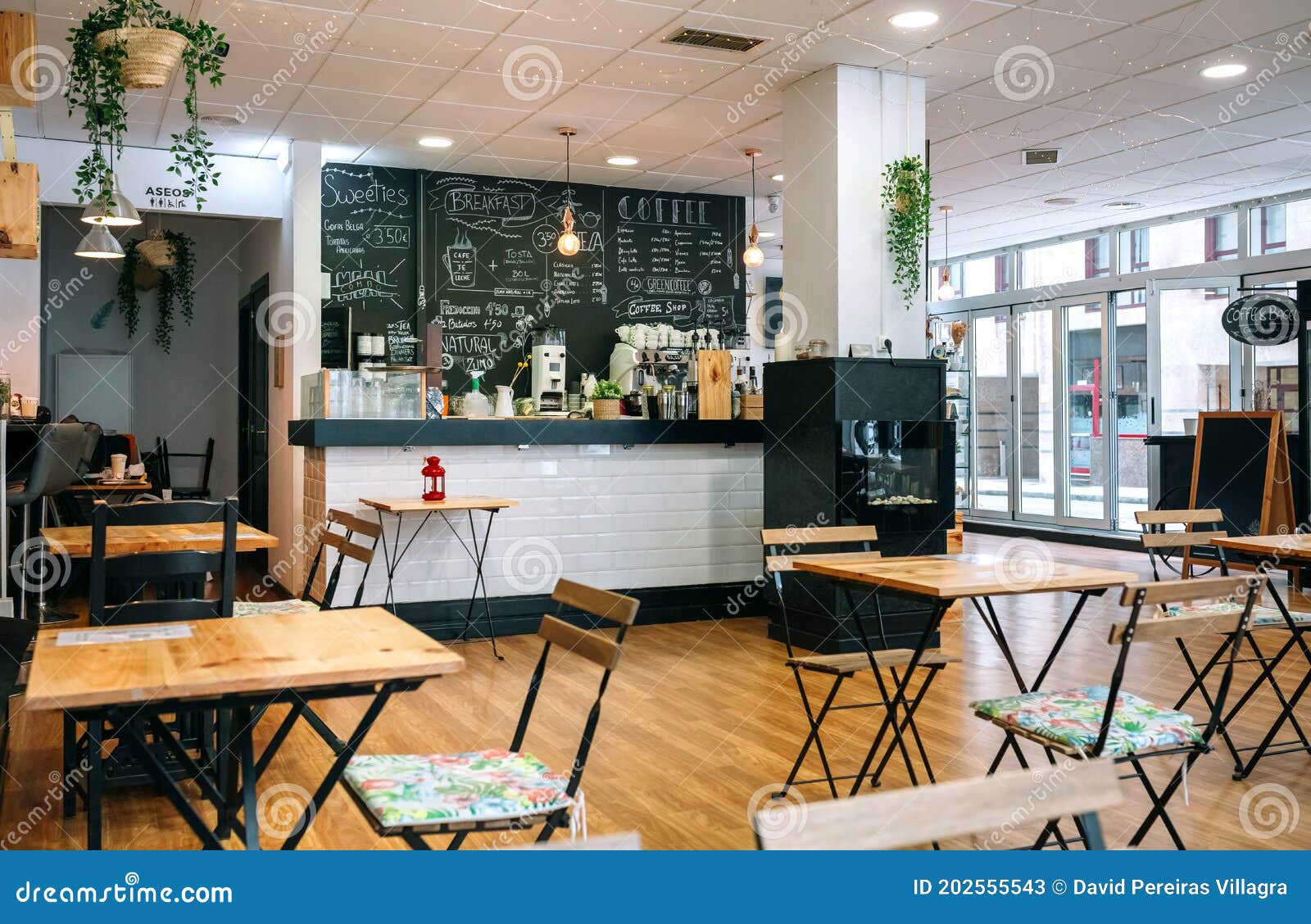 Empty Cafe Interior with Chairs and Tables Stock Image - Image of city ...