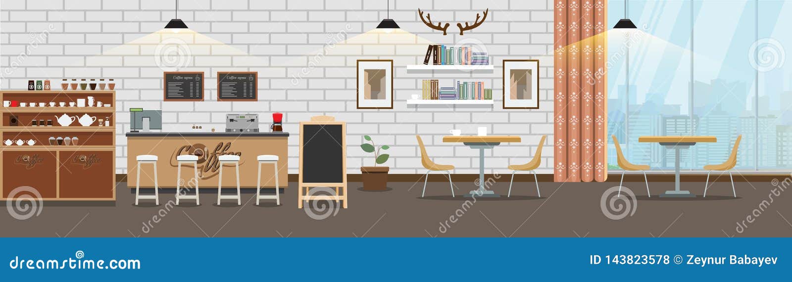 Empty Cafe Interior. Cofee Shop Bar Counter with Flat and Solid Color ...