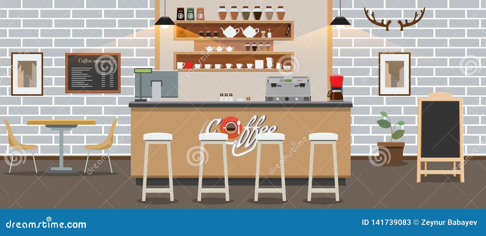 Empty Cafe Interior. Cofee Shop Bar Counter with Flat and Solid Color ...