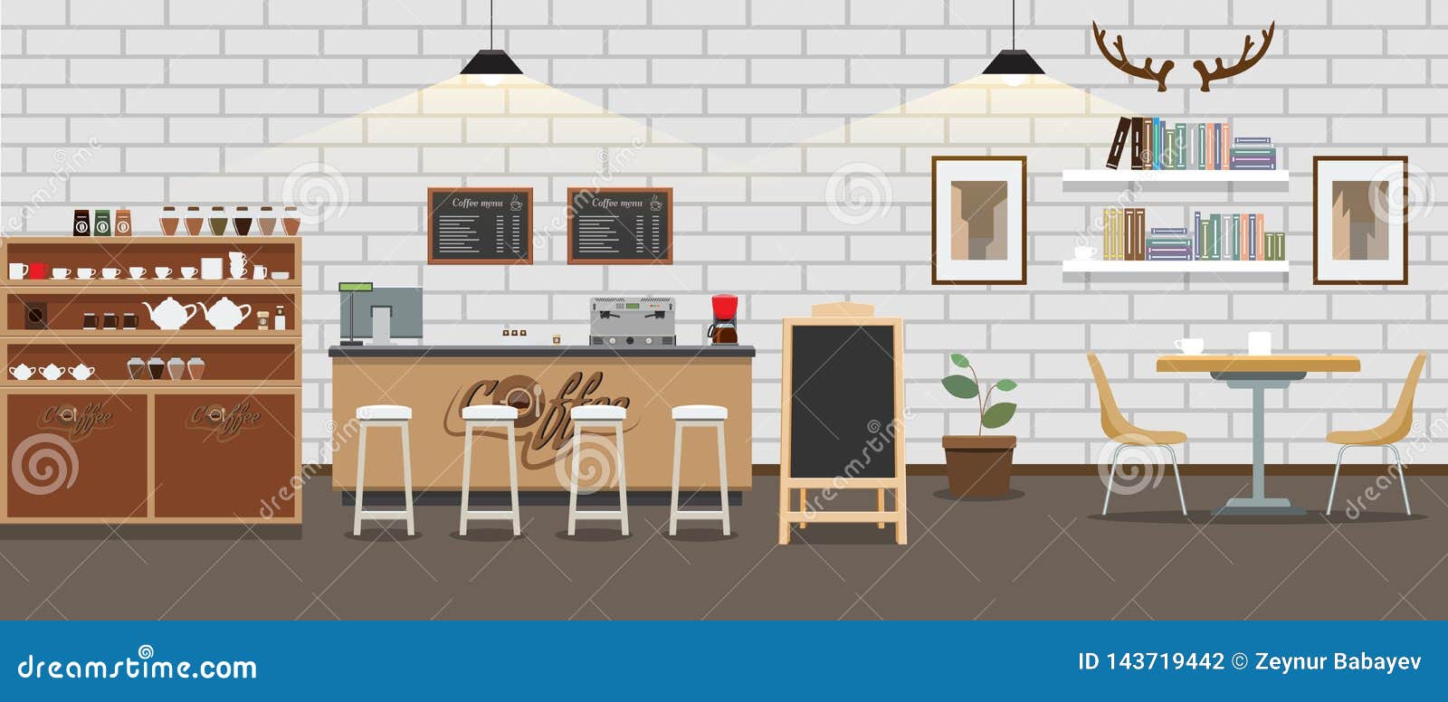 Empty Cafe Interior. Cofee Shop Bar Counter with Flat and Solid Color ...