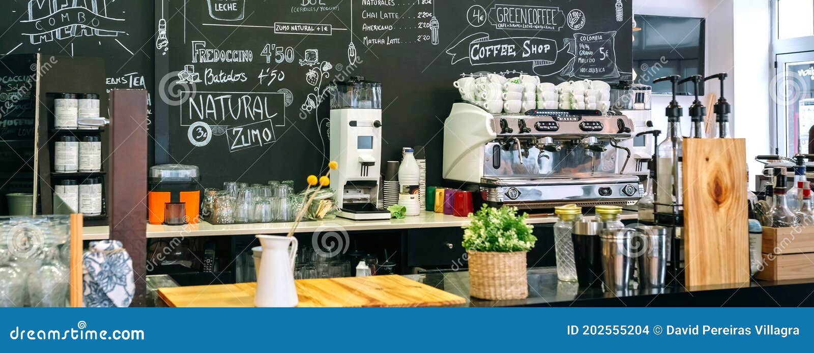 Empty Cafe Interior with Coffee Maker Stock Photo - Image of diner ...