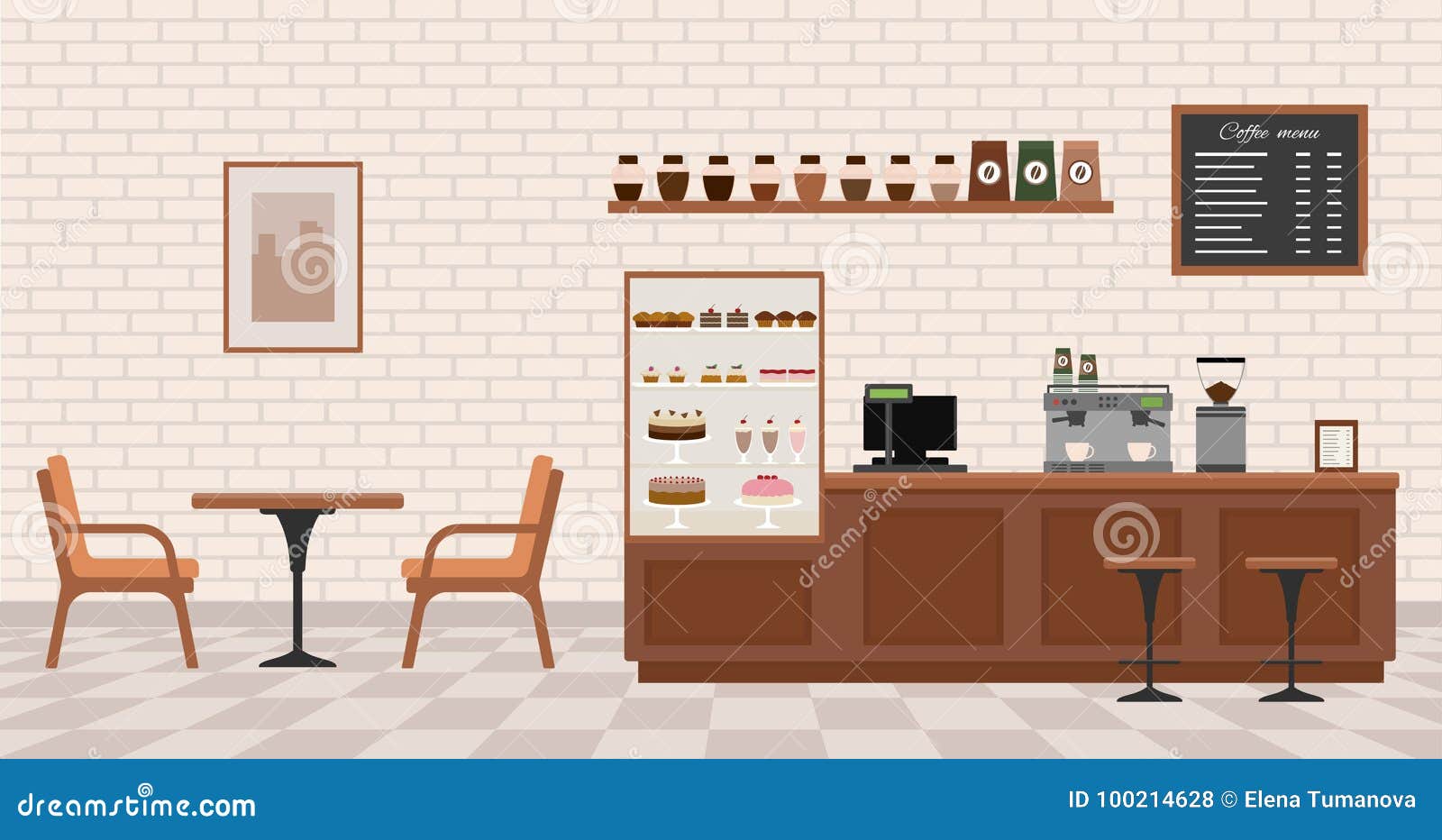 Empty cafe interior. stock vector. Illustration of cake - 100214628
