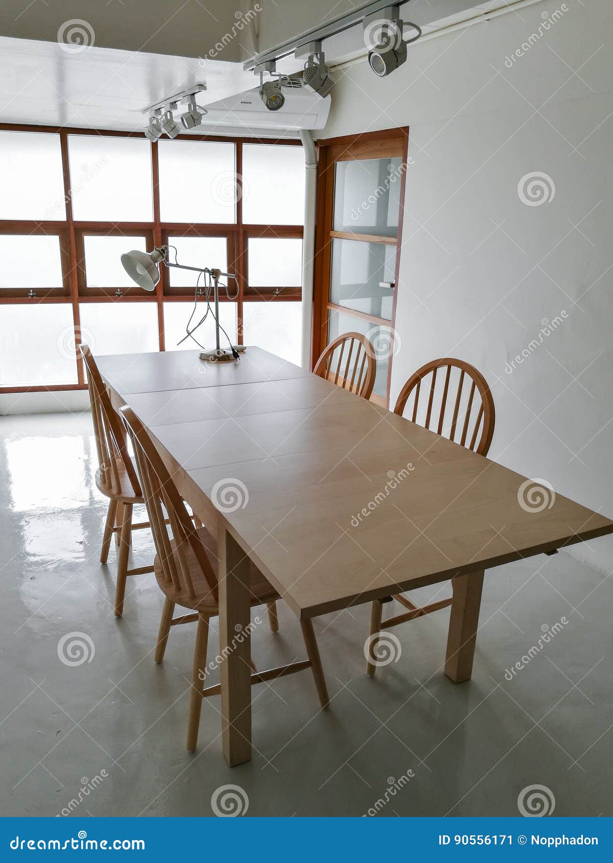 Empty Cafe Seating Area with Wooden Table and Chairs in Minimal Stock ...