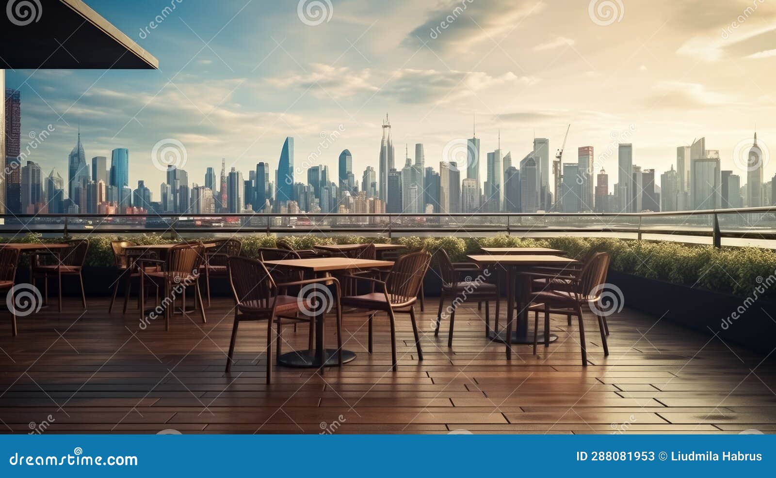 Empty Cafe Terrace with Panoramic View of City Skyline at Sunset Stock ...