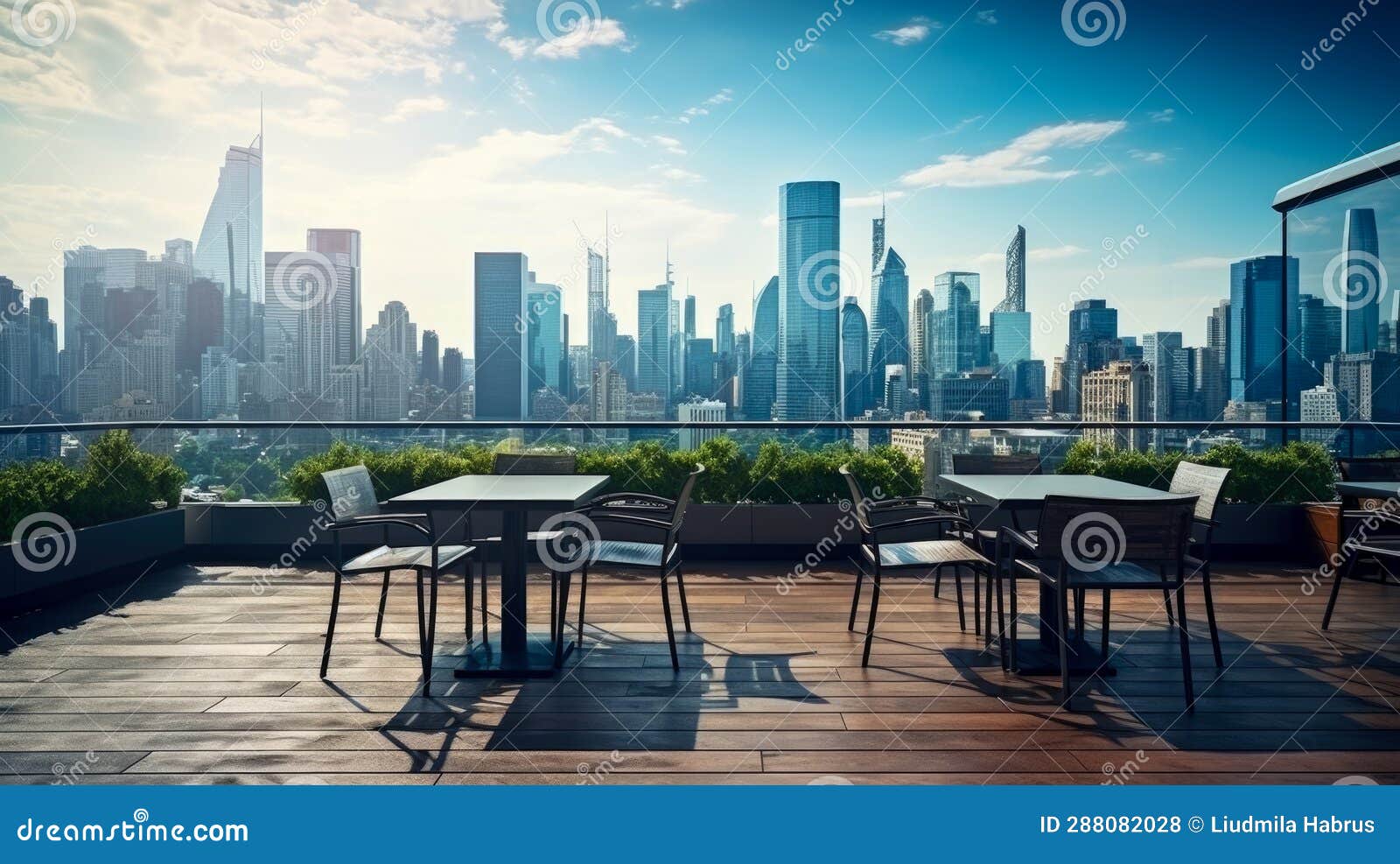 Empty Cafe Terrace with Panoramic View of City Skyline at Sunset Stock ...