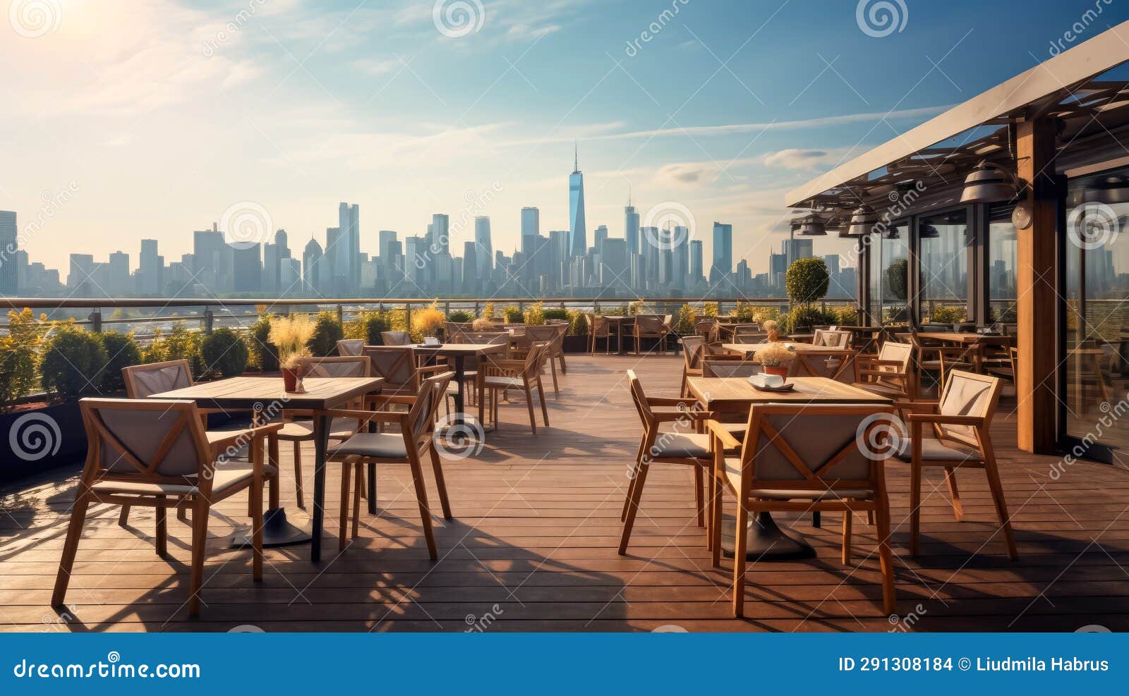 Empty Cafe Terrace with Panoramic View of City Skyline at Sunset Stock ...