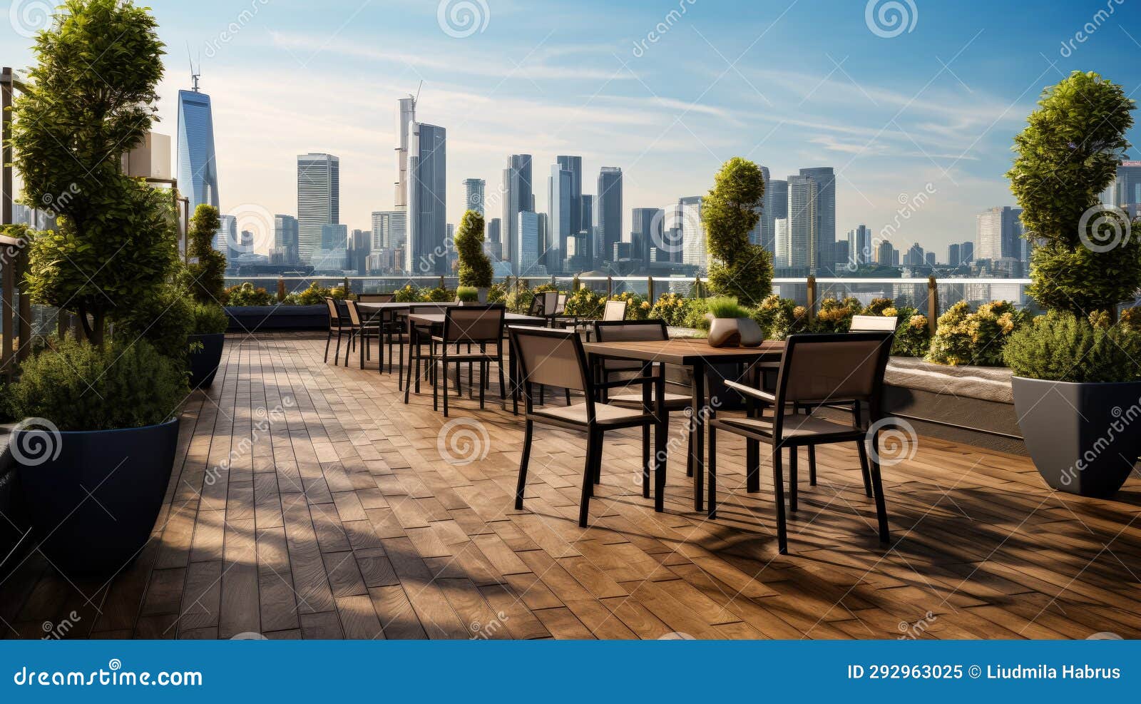 Empty Cafe Terrace with Panoramic View of City Skyline at Sunset Stock ...