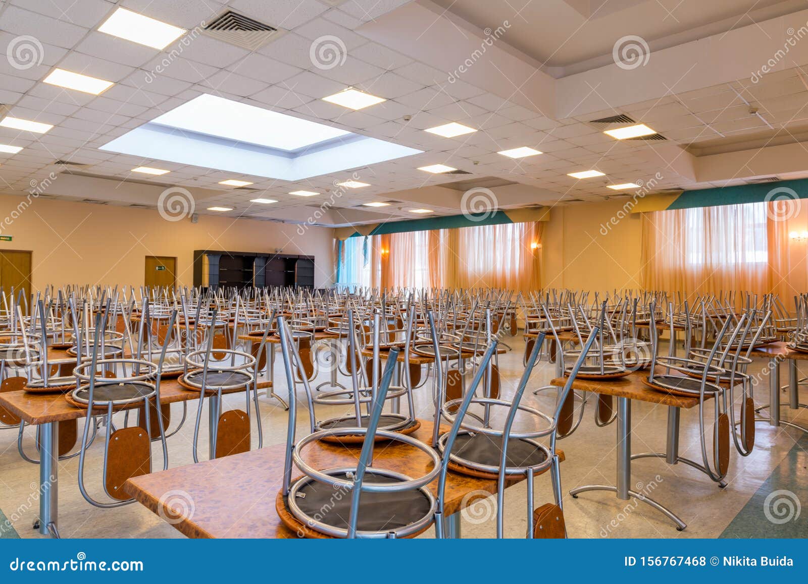 Empty Cafeteria with Chairs on the Tables Editorial Stock Photo - Image ...