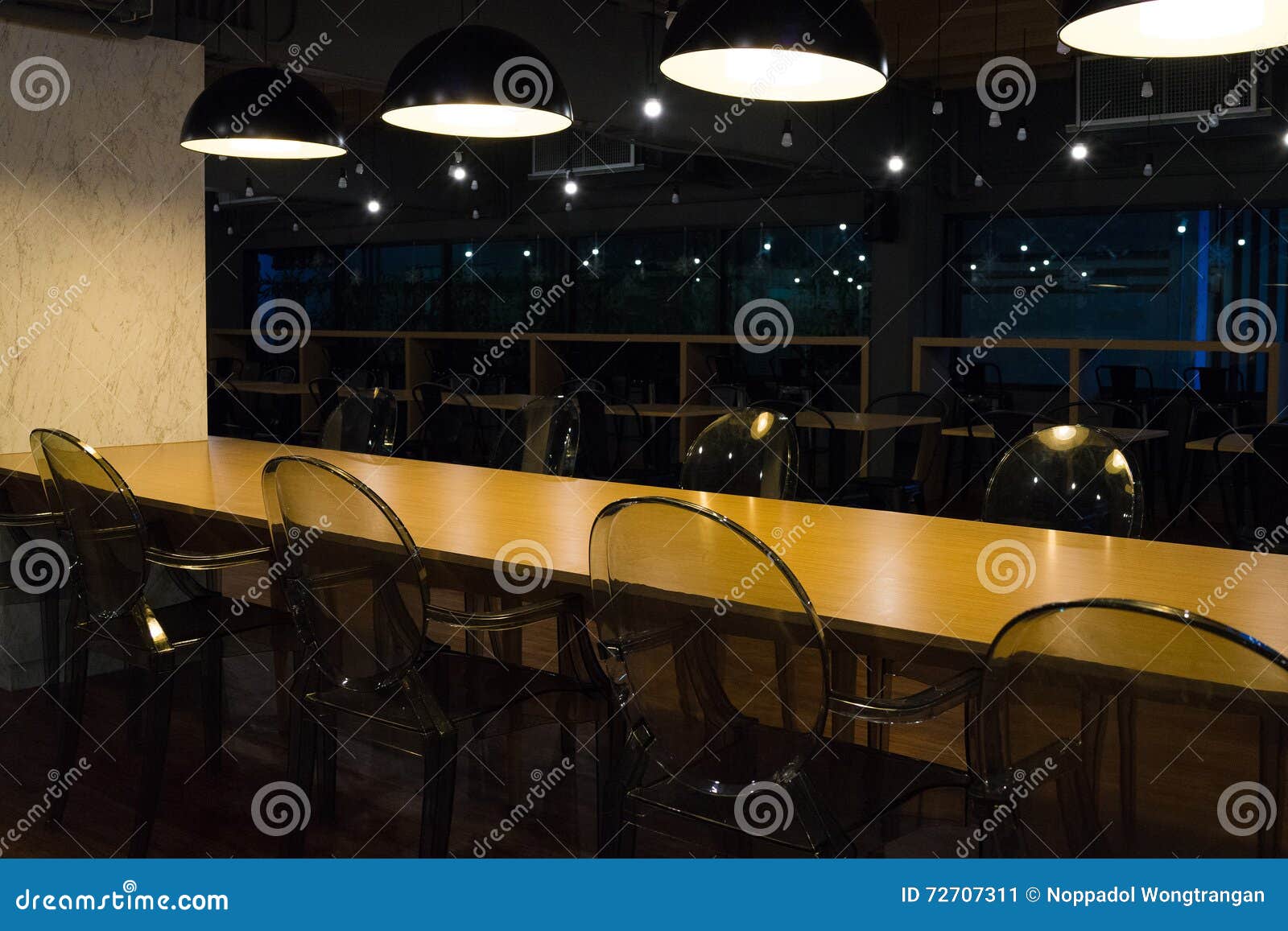 Empty Cafeteria with Yellow Tables and Clear Plastic Chairs Stock Image ...