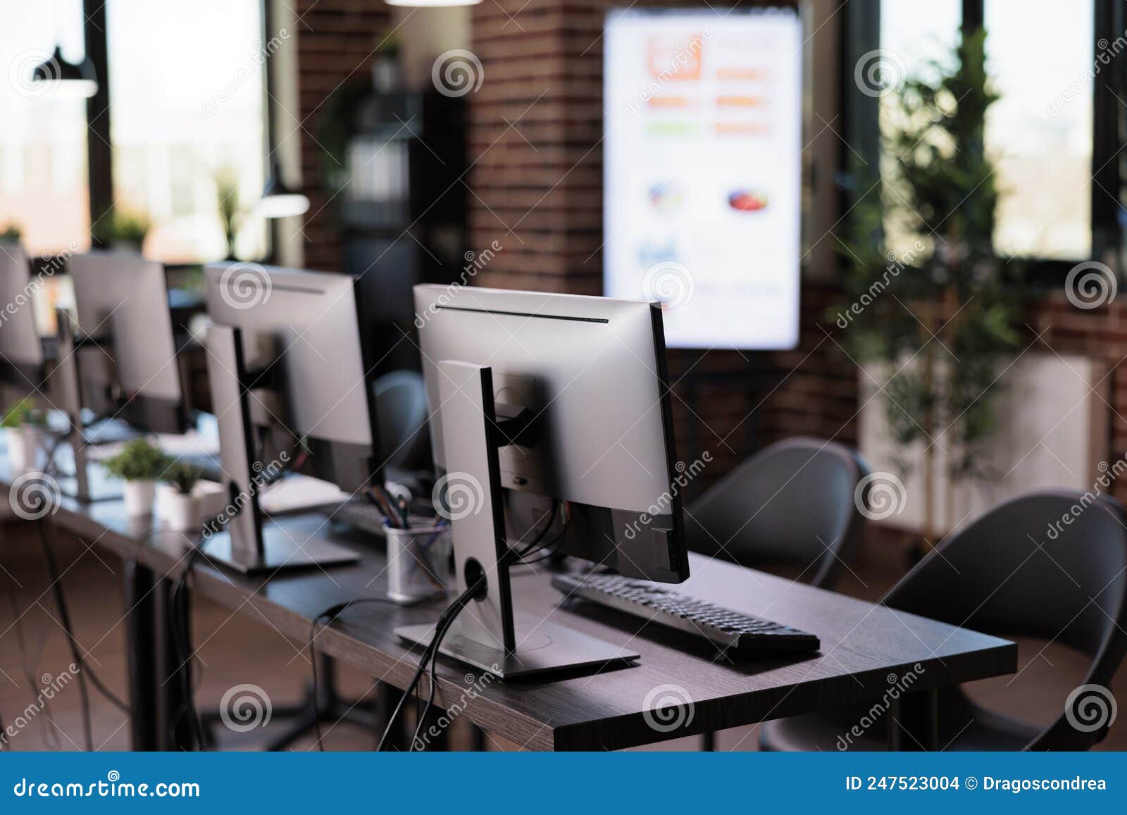 Empty Call Center Helpdesk with Multiple Monitors in Office Stock Photo ...
