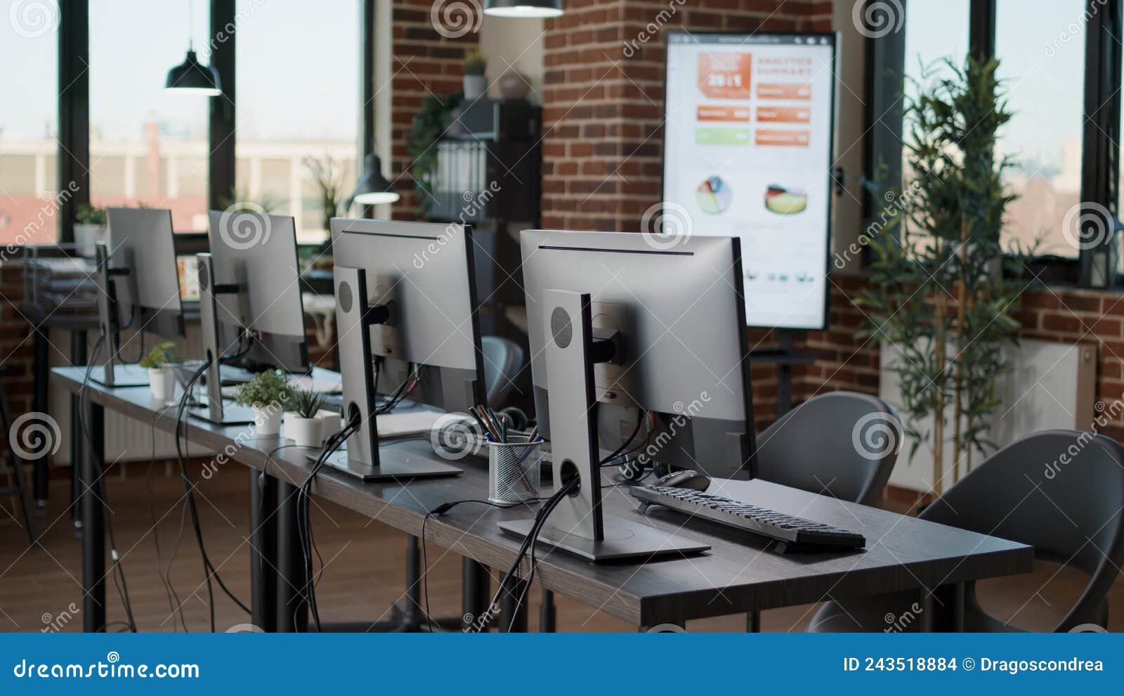 Empty Call Center Office with Computers and Monitors on Desk Stock ...
