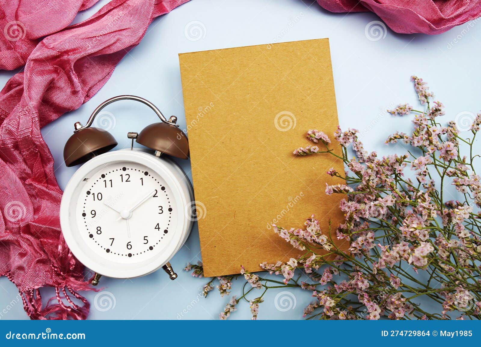 Empty Invitation Card Mockup with Flower and Pink Scarf on Blue ...