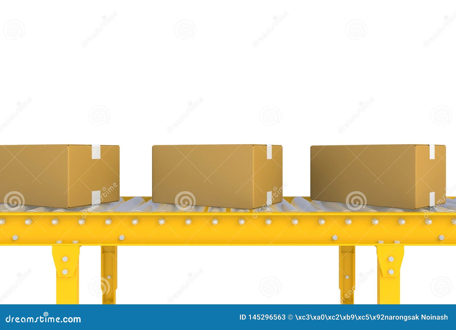 Empty Cardboard Box on Yellow Conveyor Line Isolated on a White ...