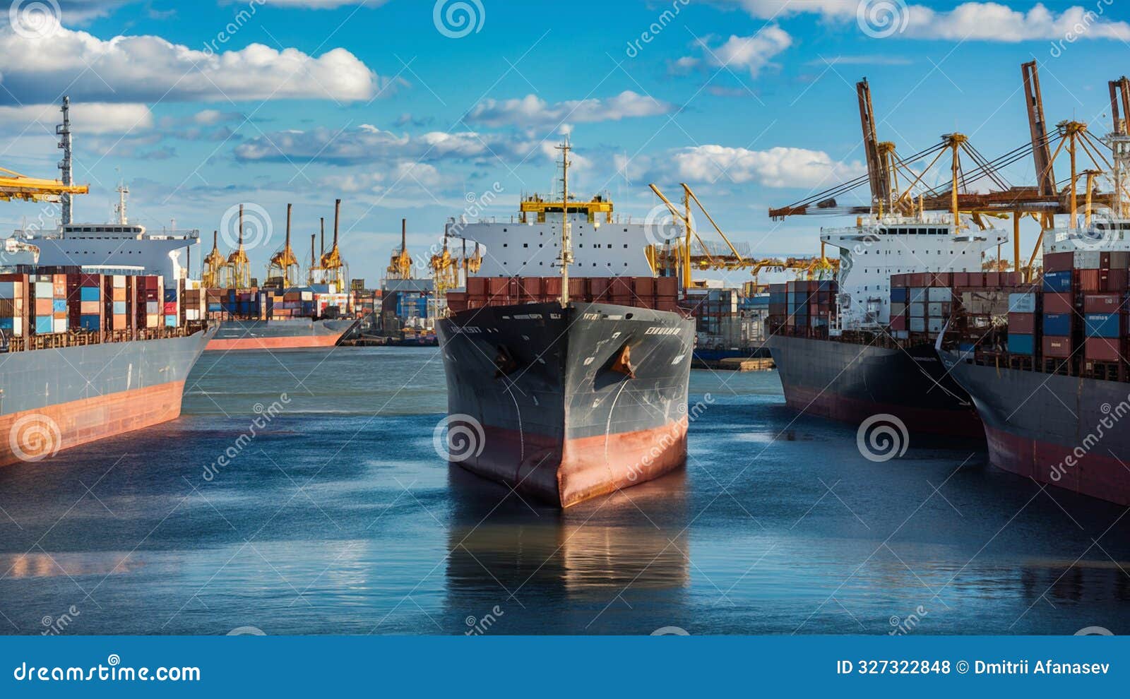 Empty Cargo Ships at a Busy Port with Cranes and Containers Stock ...