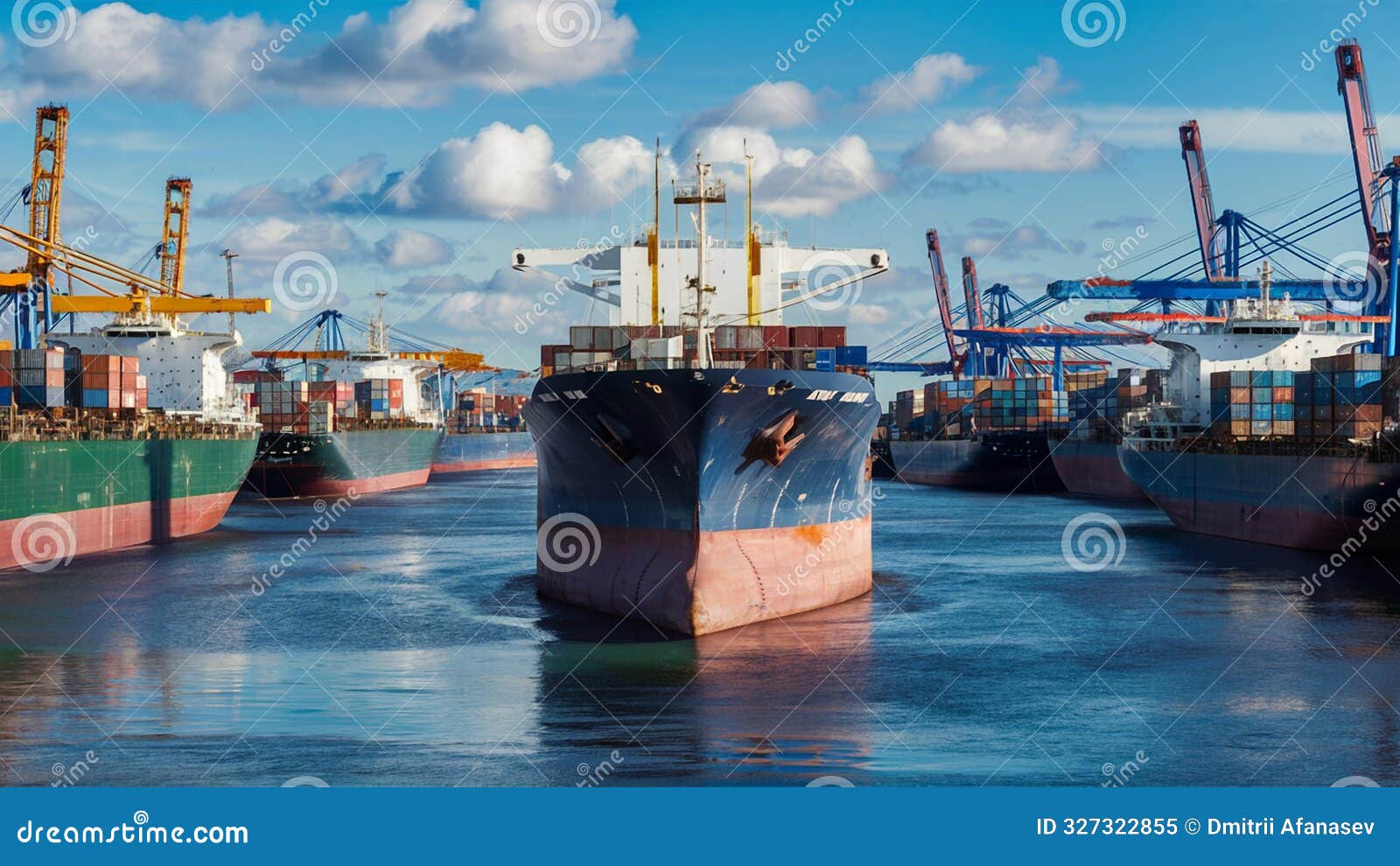 Empty Cargo Ships at a Busy Port with Cranes and Containers Stock ...