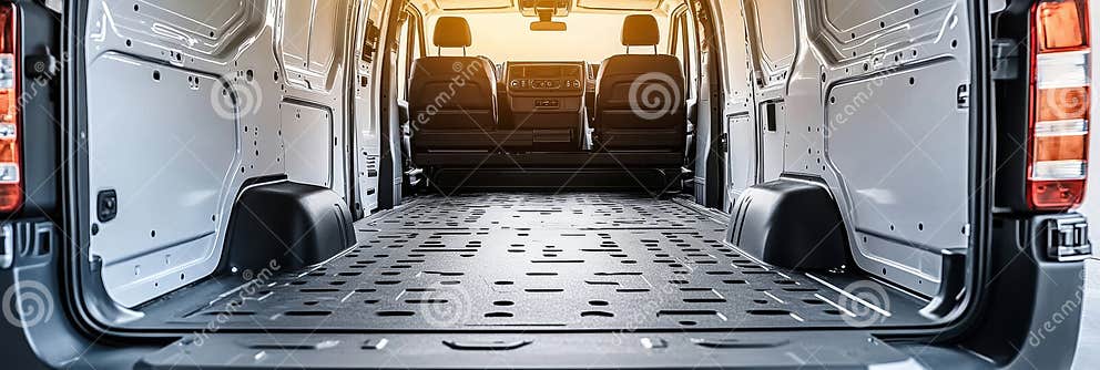 Empty Cargo Van Interior with Durable Flooring, Open Rear Doors, and ...