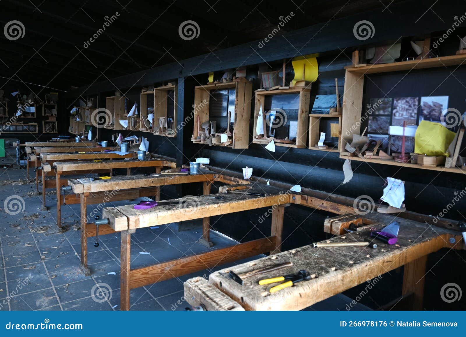 Empty Carpentry Workshop Classroom, Workbenches, Tools Stock Photo ...