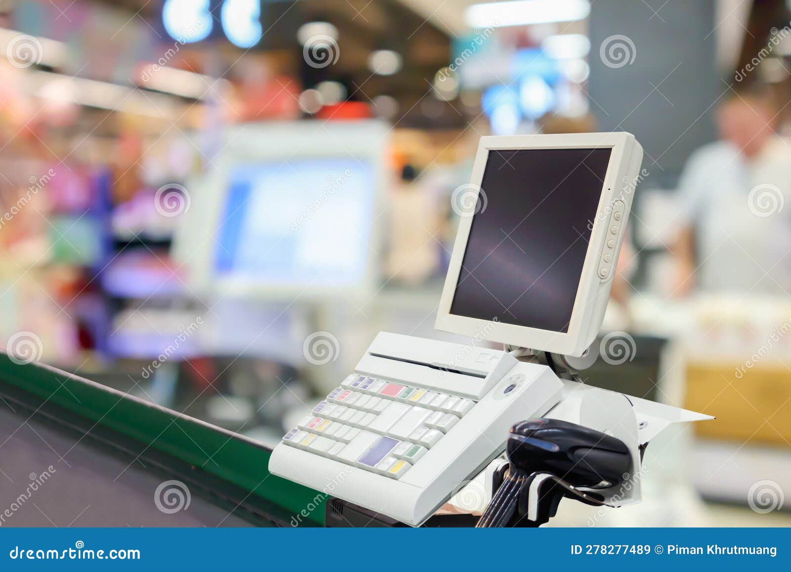 Empty Cashier Checkout Desk with Terminal in Supermarket Stock Image ...