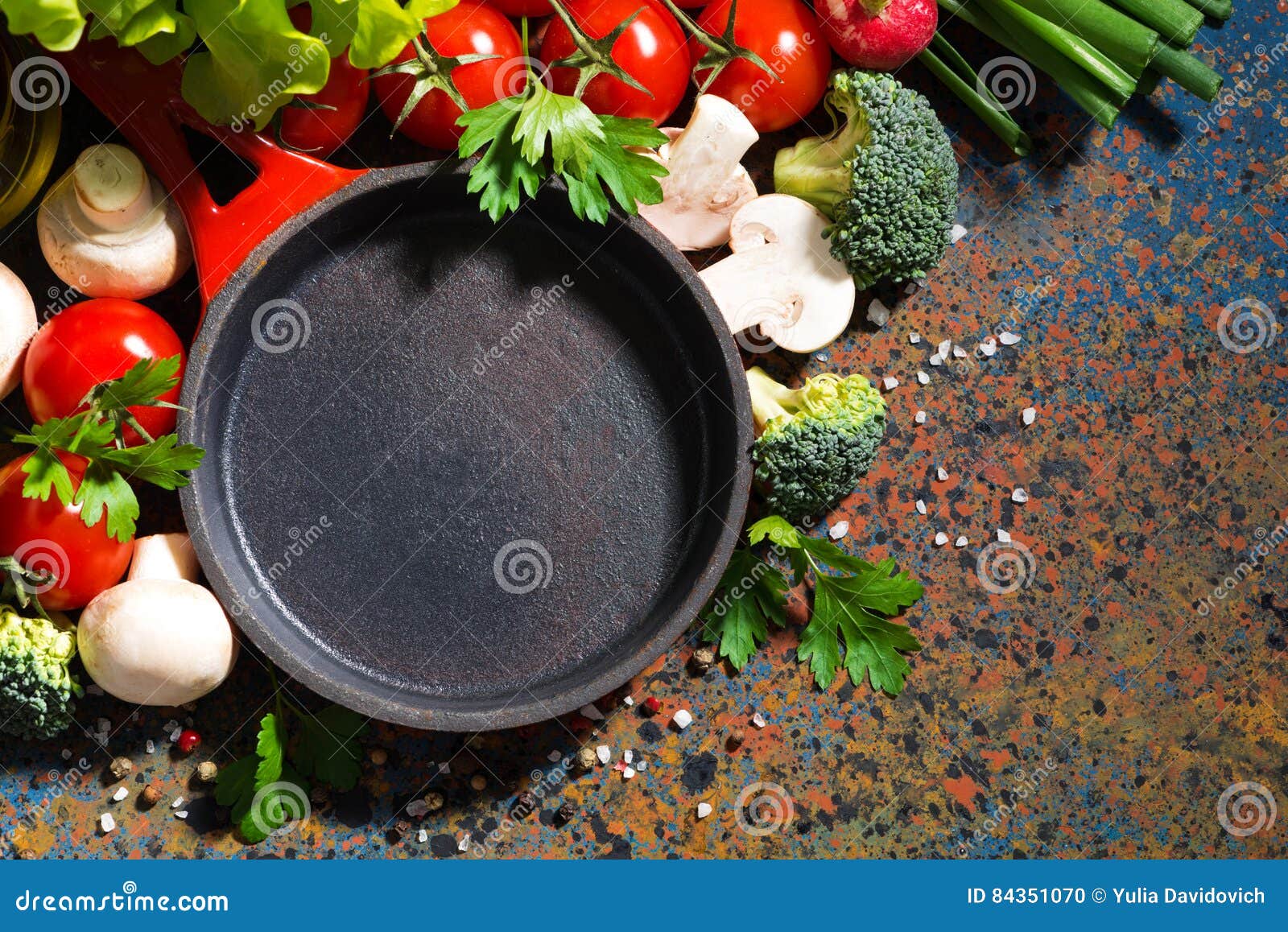 Empty Cast Iron Skillet and Fresh Organic Vegetables Stock Photo ...
