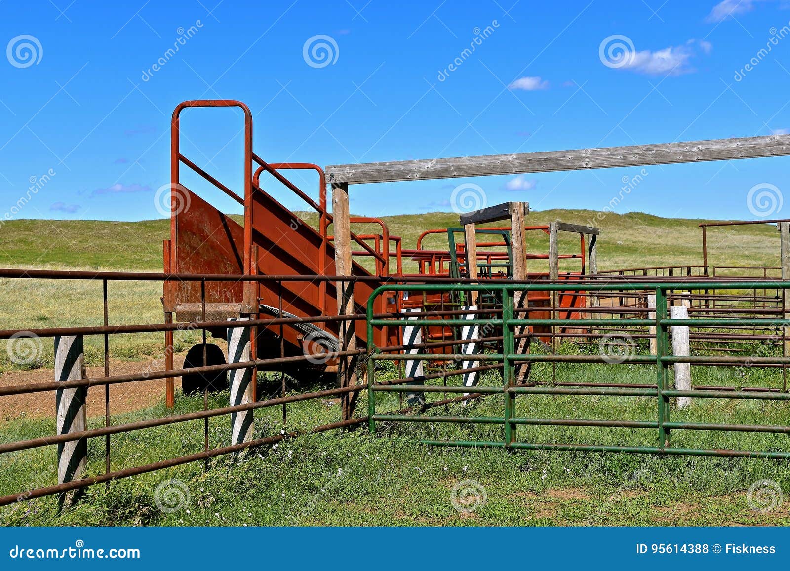 Empty Cattle Paddock In The Foreground With A Hay Feeder Stock Photo ...