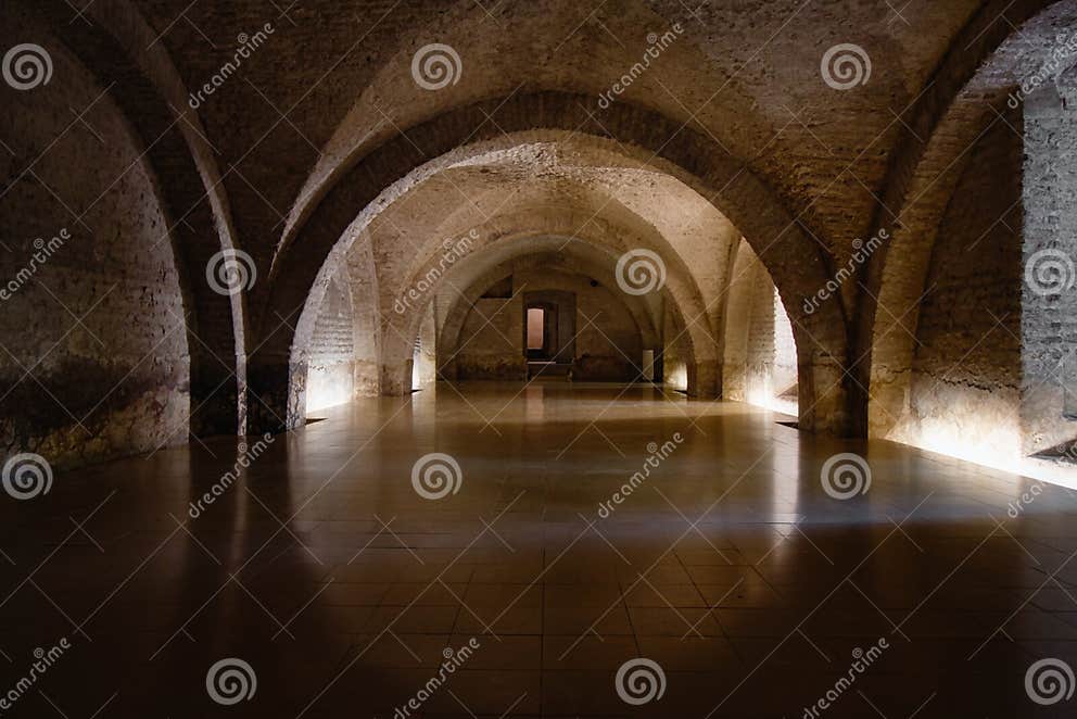 Empty Cellar with Electric Light and Old Historic Arches Stock Image ...