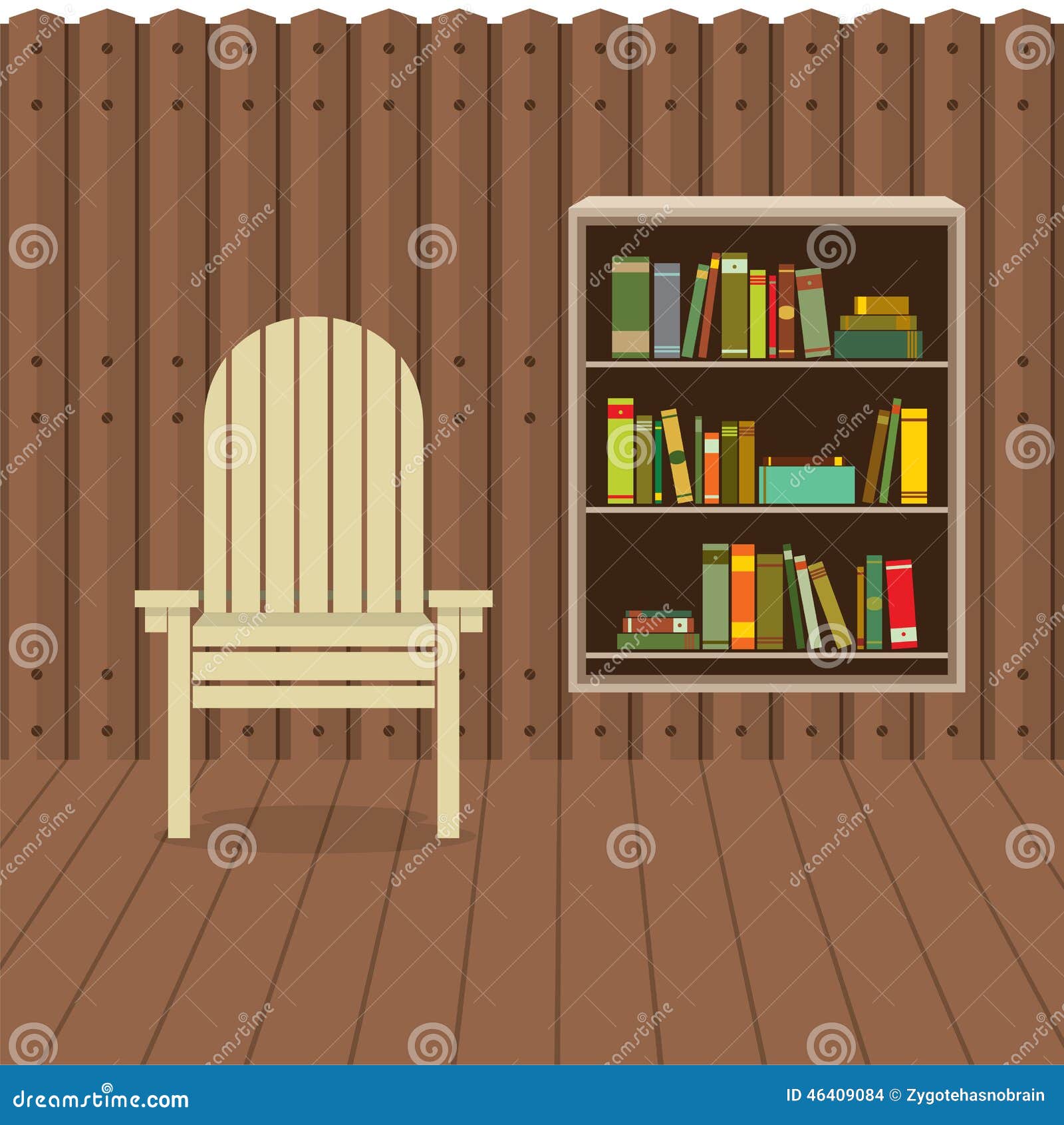 Empty Chair on Wood Wall and Ground with Bookcase beside Stock Vector ...