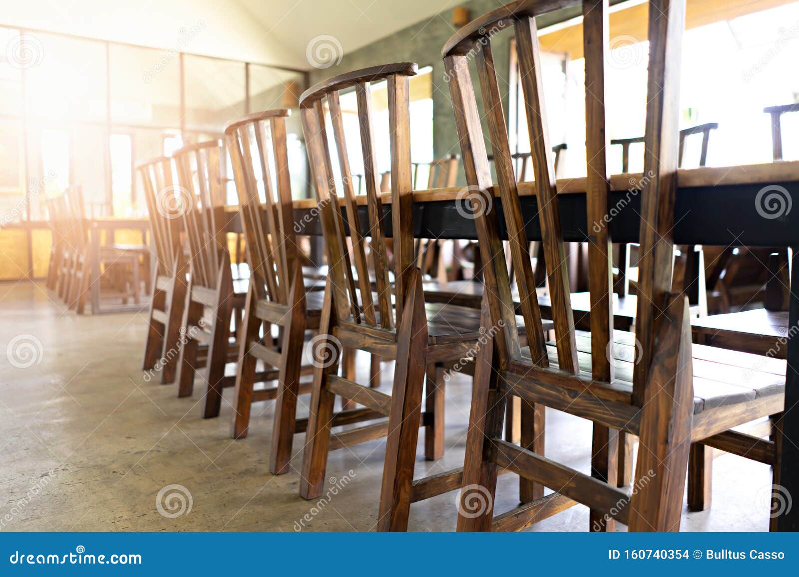 Empty Chair and Wooden Table at Restaurant Stock Photo - Image of ...