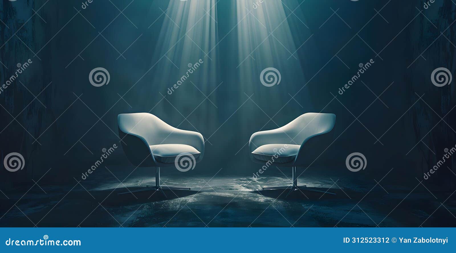 Empty Chairs in a Dark Studio Set for an Interview Podcast Featuring AI ...