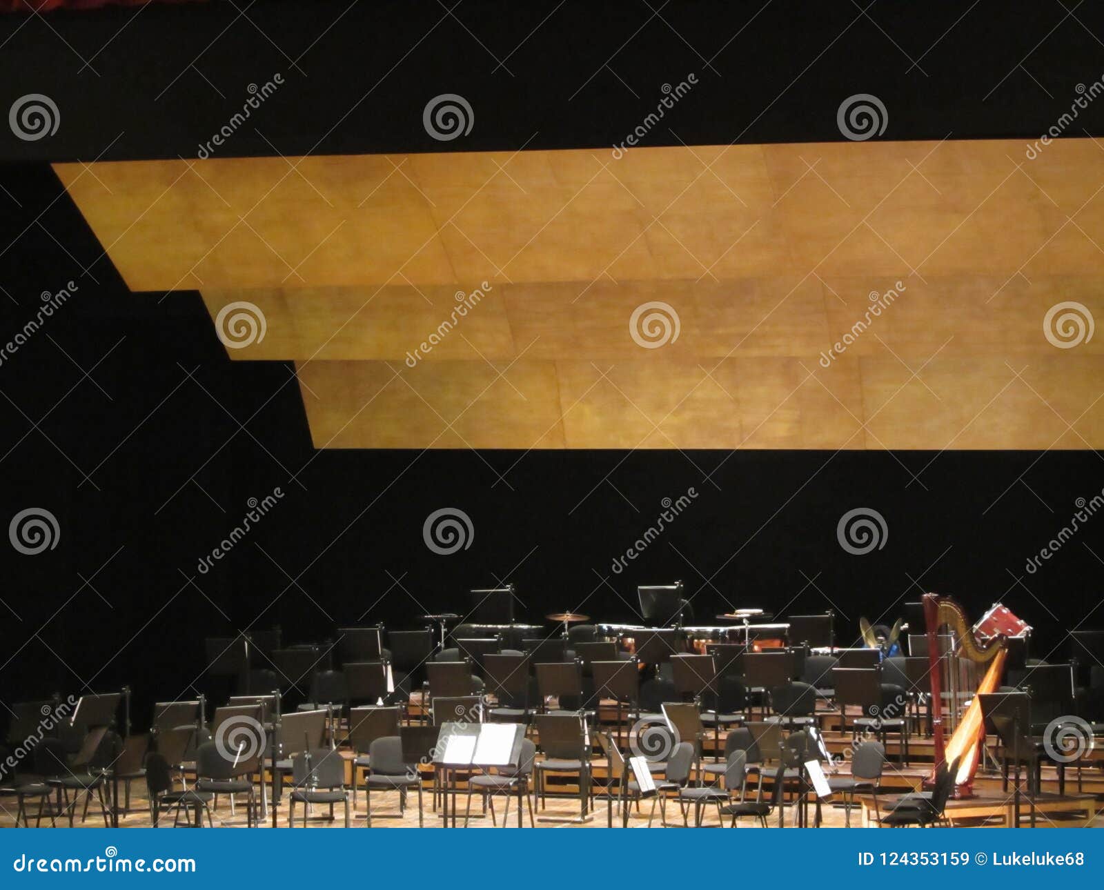 Empty Chairs Stand on Stage in Concert Hall Stock Image - Image of harp ...
