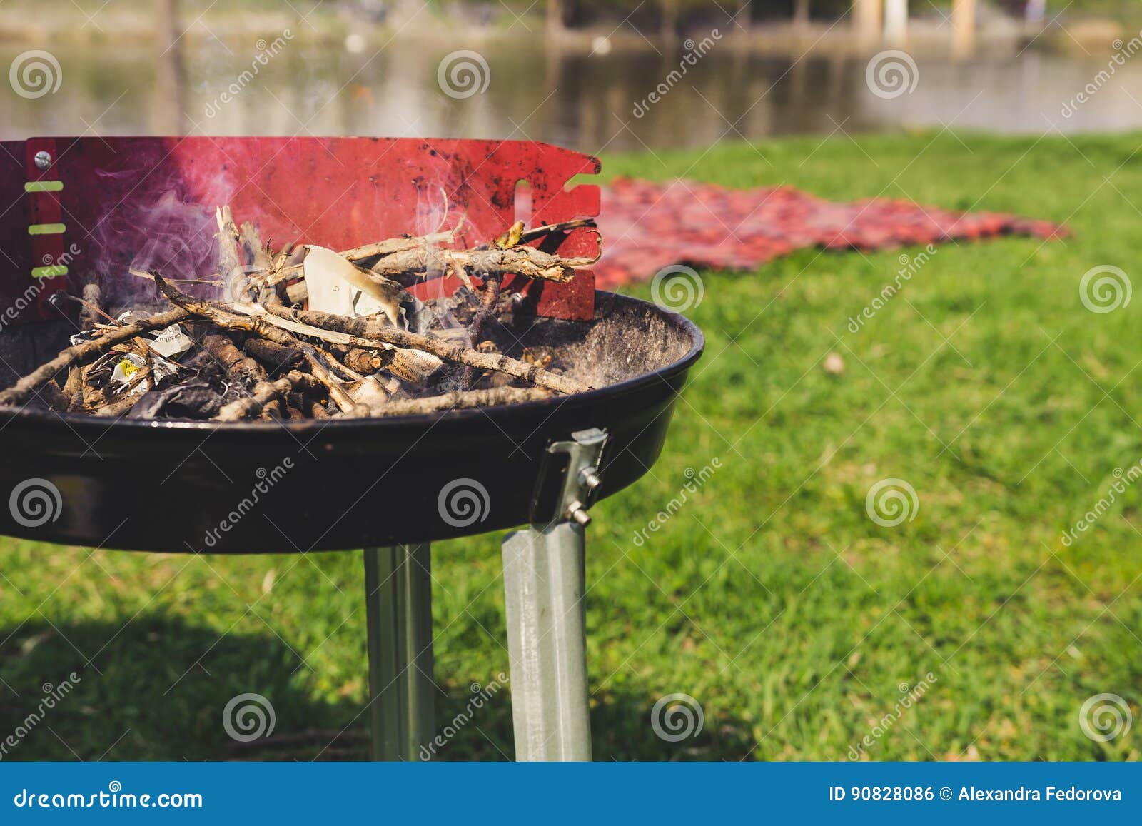 Empty Charcoal Grill with Smoke Closeup. Barbecue Outdoor. Stock Photo ...