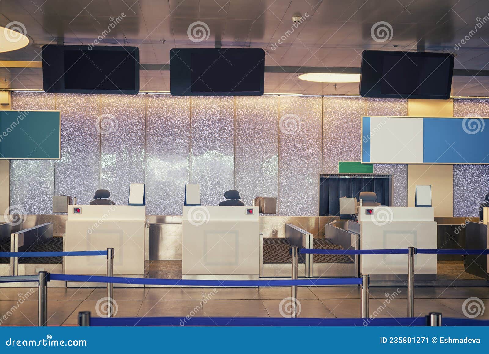 Empty Check-in Counters with Electronic Boards at the Airport Stock ...