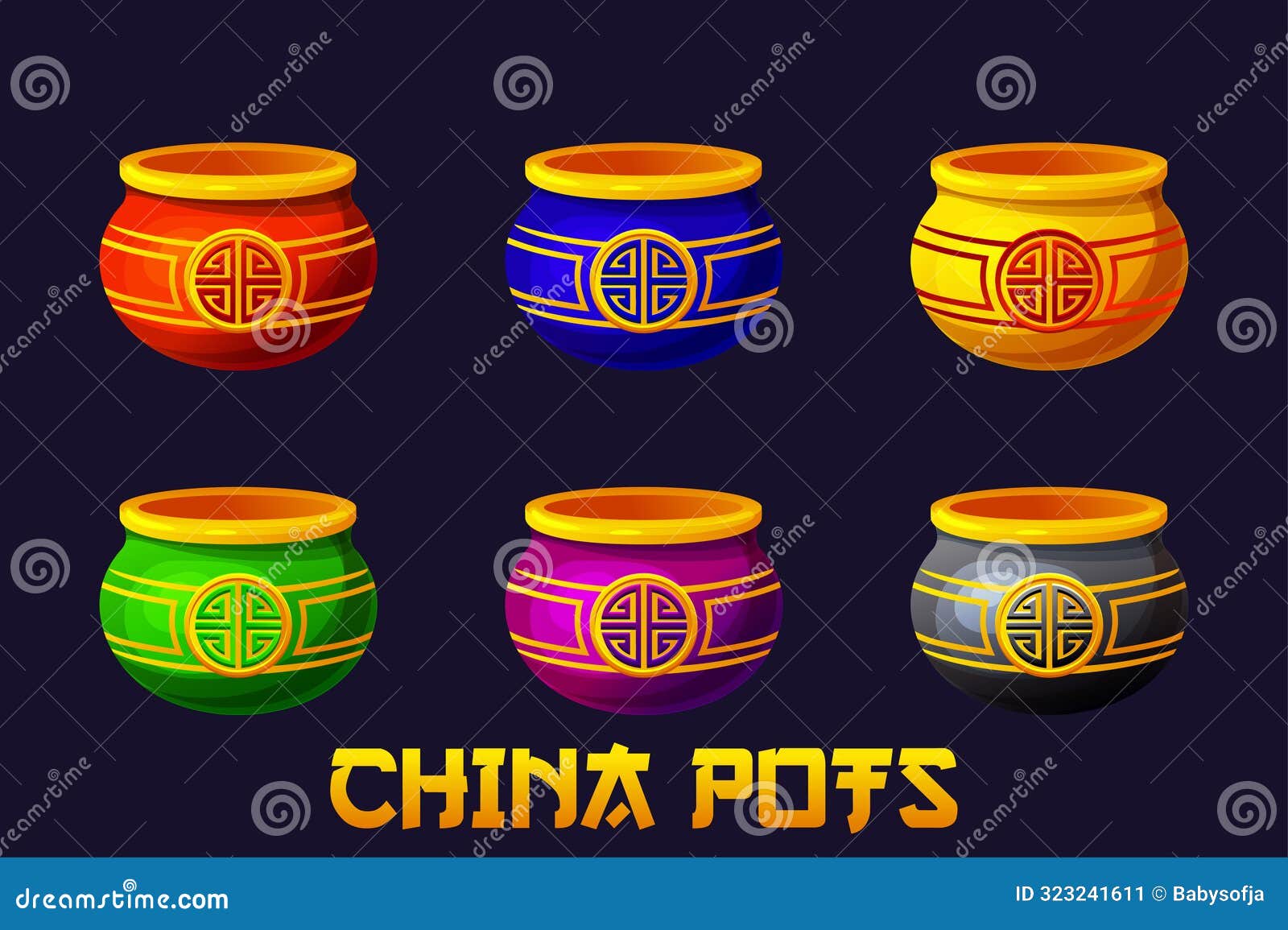 Empty Chinese Pots in Different Colors. Happy Symbol or Object of ...