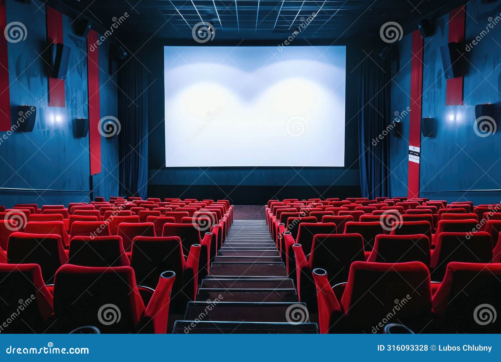 Empty Cinema Interior with Red Seats and White Screen Stock ...
