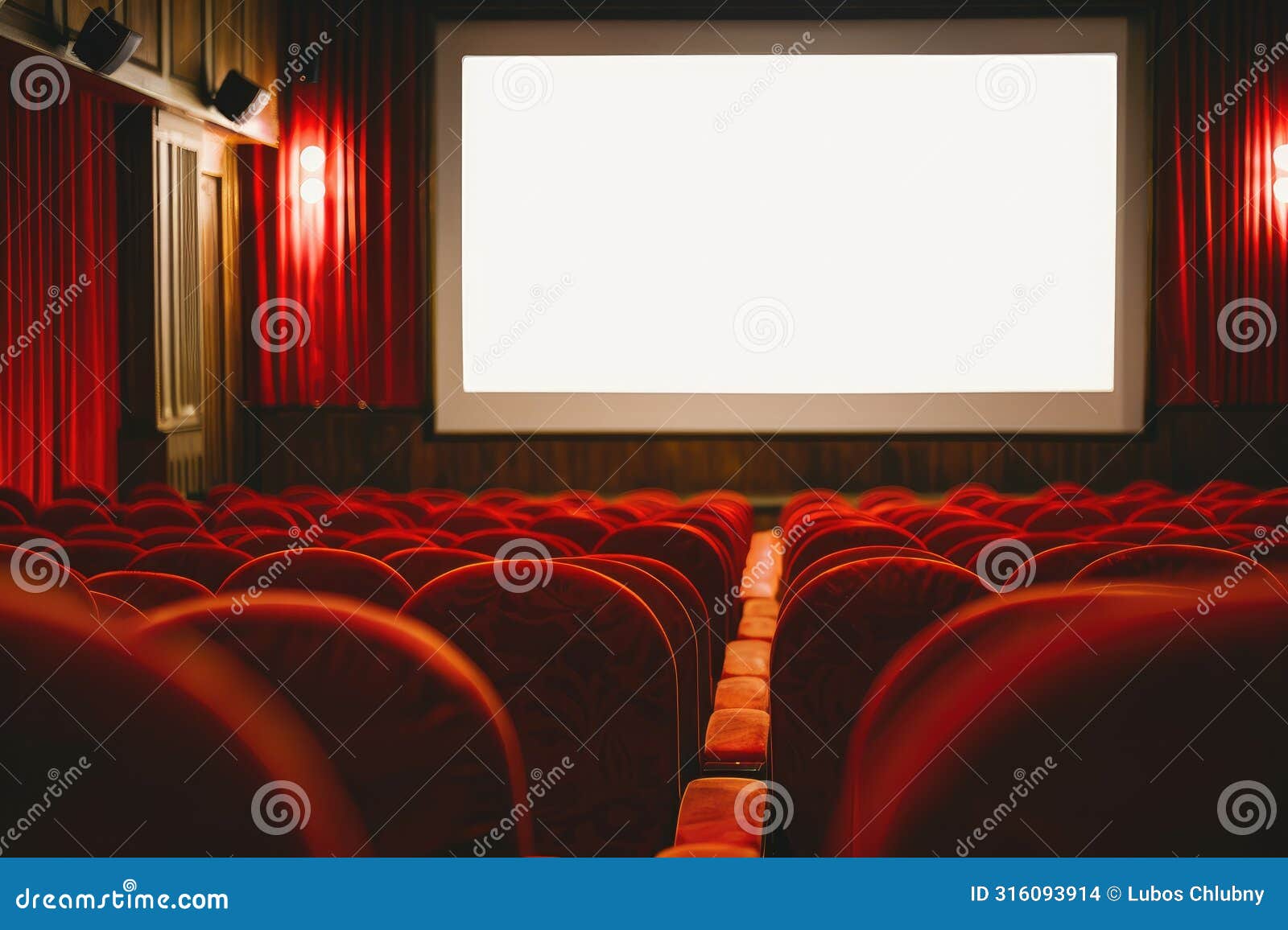 Empty Cinema Interior with Red Seats and White Screen Stock ...